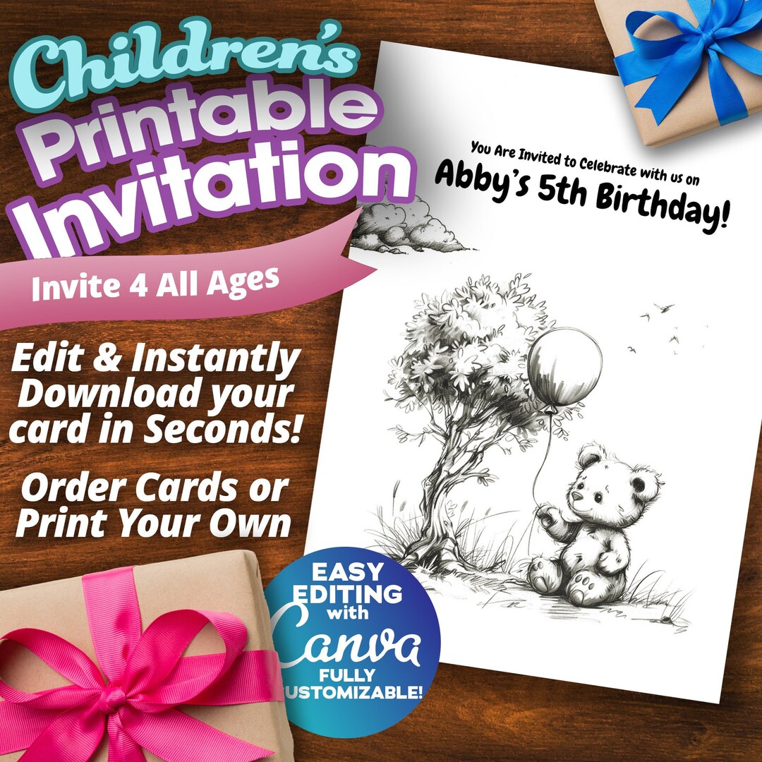 Teddy Bear Birthday Invitation,printable Foldable Kids Party Invite ...