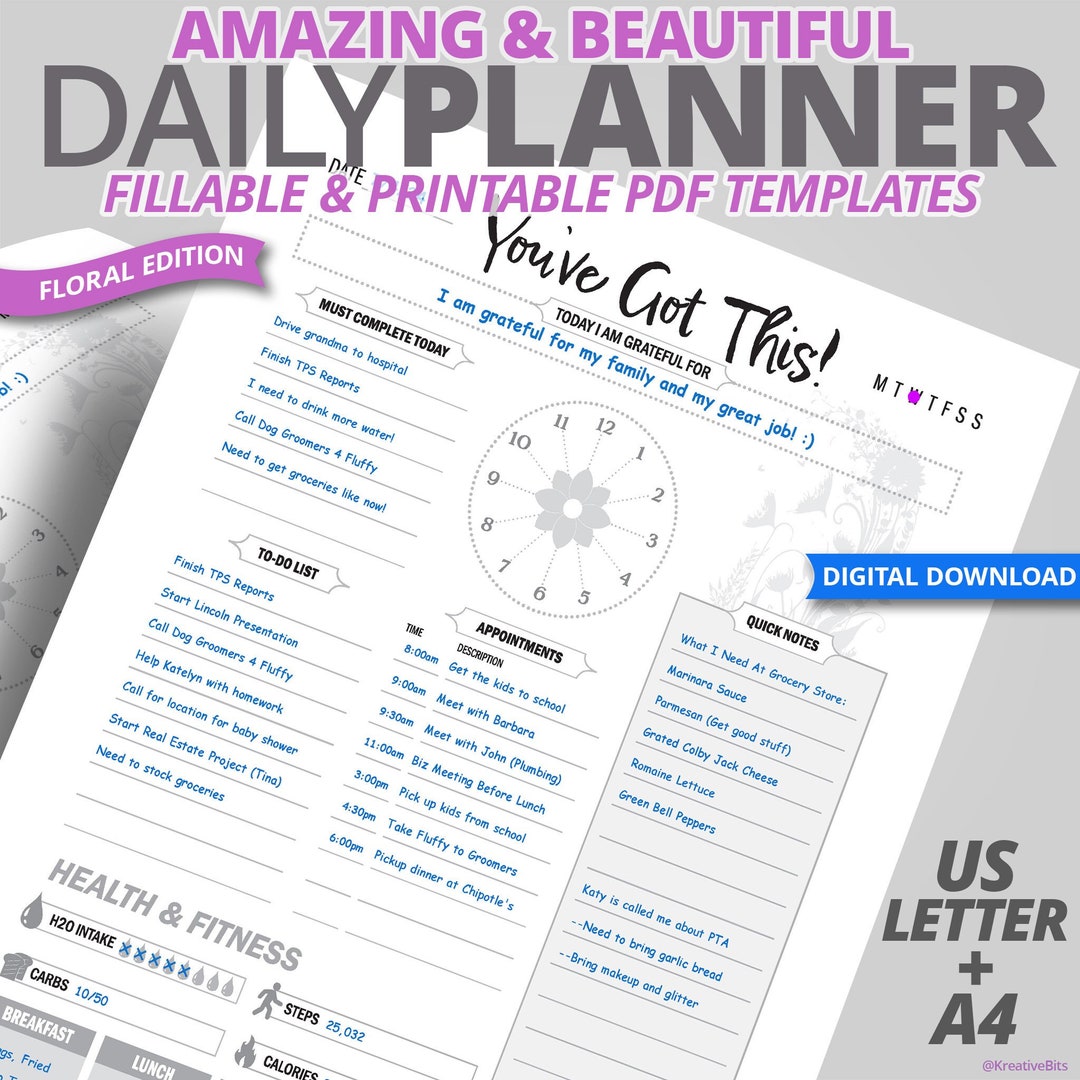 Productivity Planner, Digital Planner, Beautiful Floral Daily Planner ...