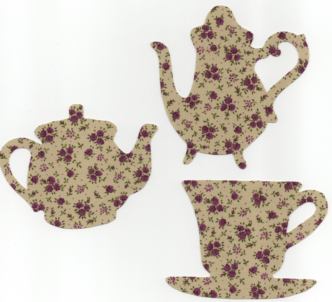 Set of 3 Purple Calico/floral Teapots and Teacup Fabric Iron on ...