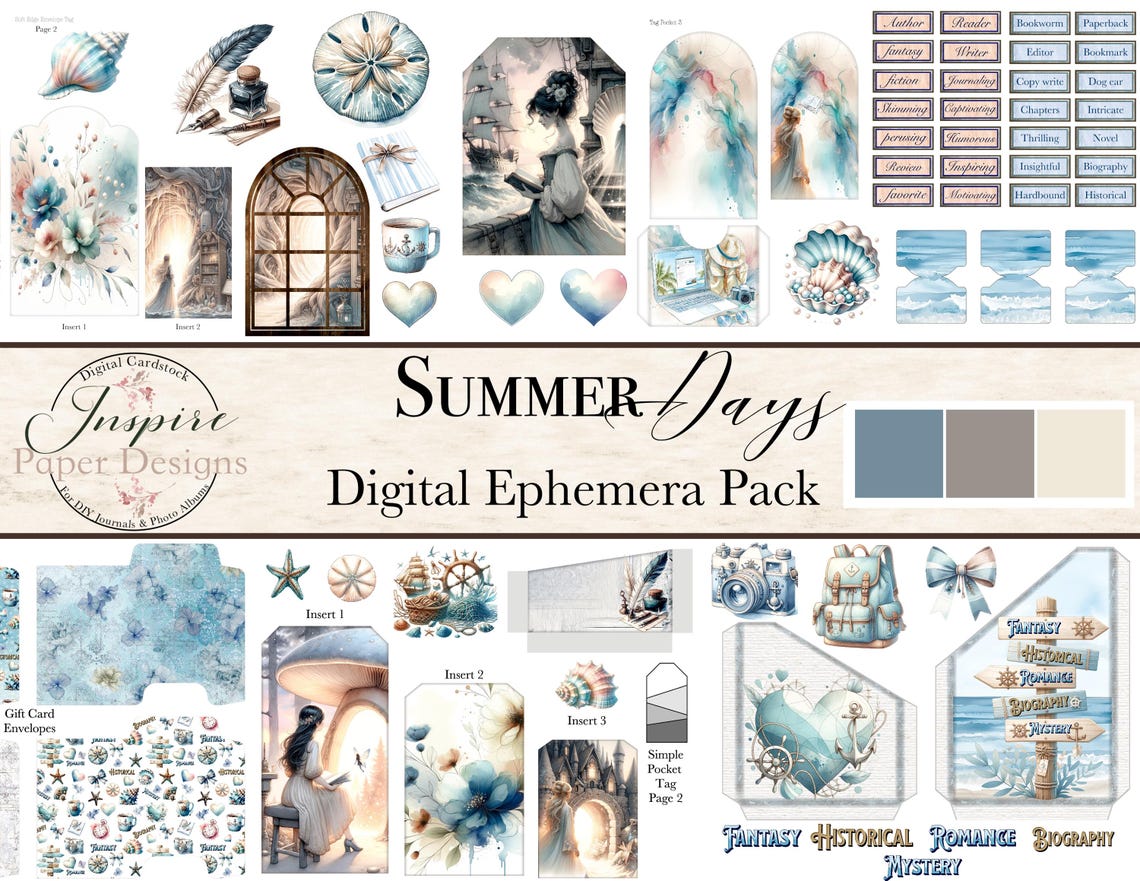 Summer Days Digital Ephemera Pack, 16 High Quality 300 DPI Jpg Files ...