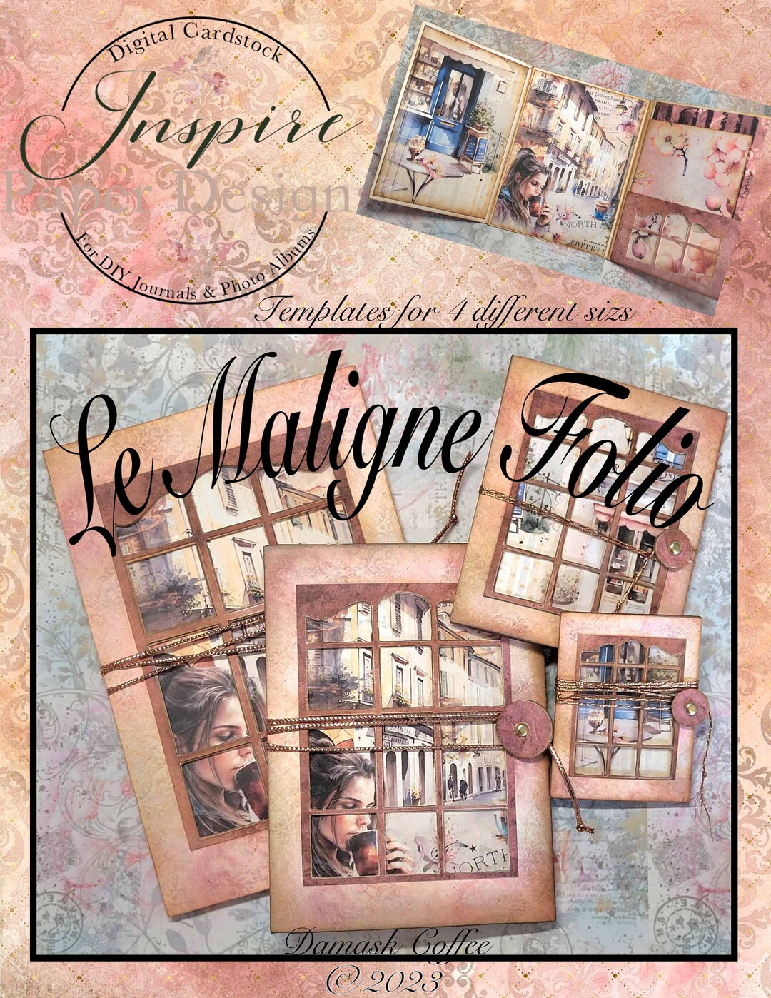 Window Folio Templates - Damask Pattern in Coffee Theme. Digital Files ...