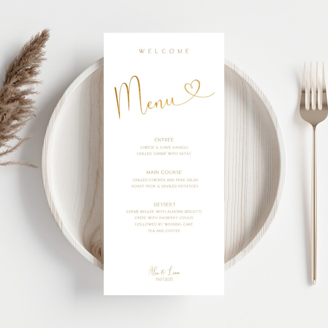 White and Gold Font Wedding Menu Template, Glyph Font With Love Heart ...
