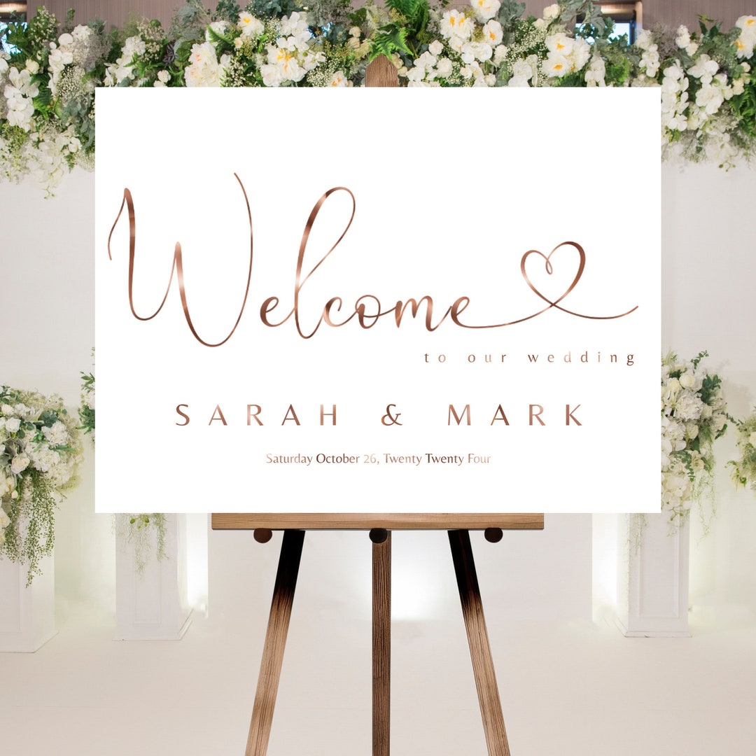 Elegant Rose Gold Welcome Sign Template, Wedding Board With Love Heart ...