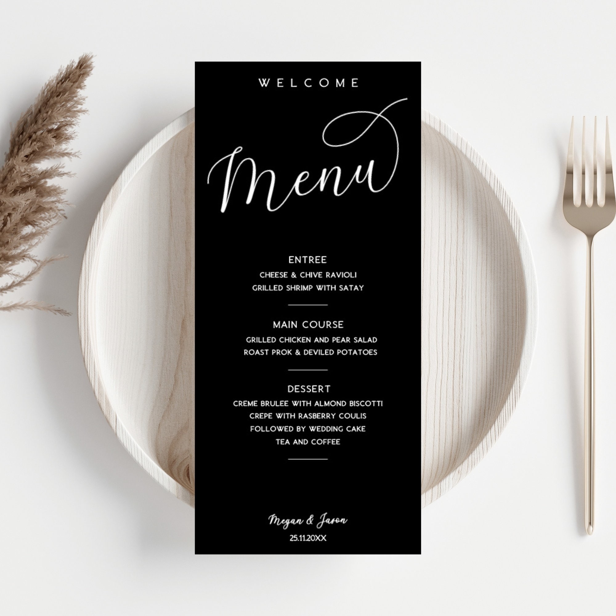 Modern Black Wedding Dinner Menu Template, Modern Black Wedding Menu ...