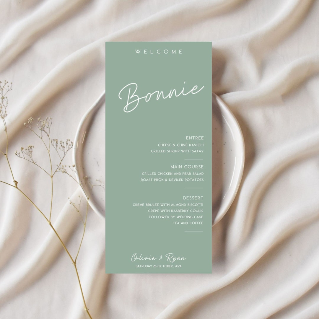 Table Menu Card Template, Sage Green and White Wedding Menu With Name ...