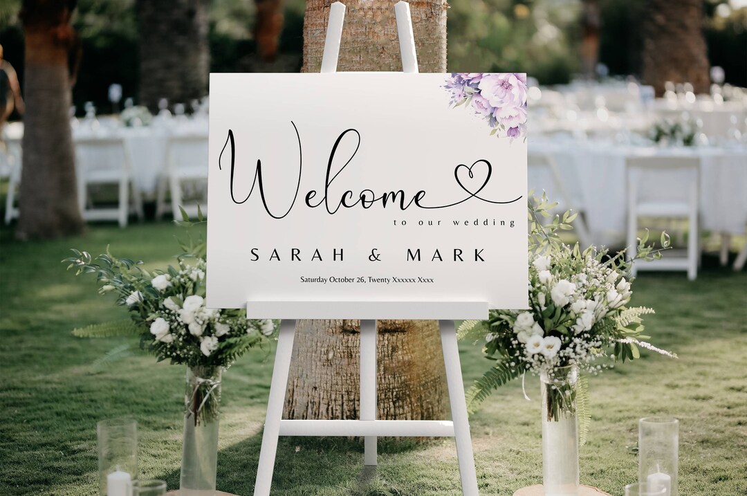Purple Flowers Wedding Welcome Sign Template, Mauve Floral Welcome Sign ...