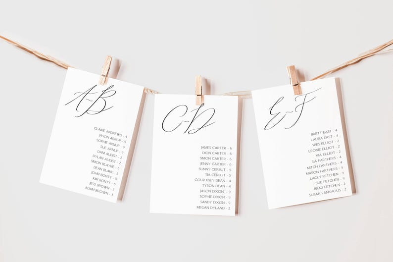 Alphabetical Seating Chart 5x7, Minimalist Wedding Hanging Seating ...