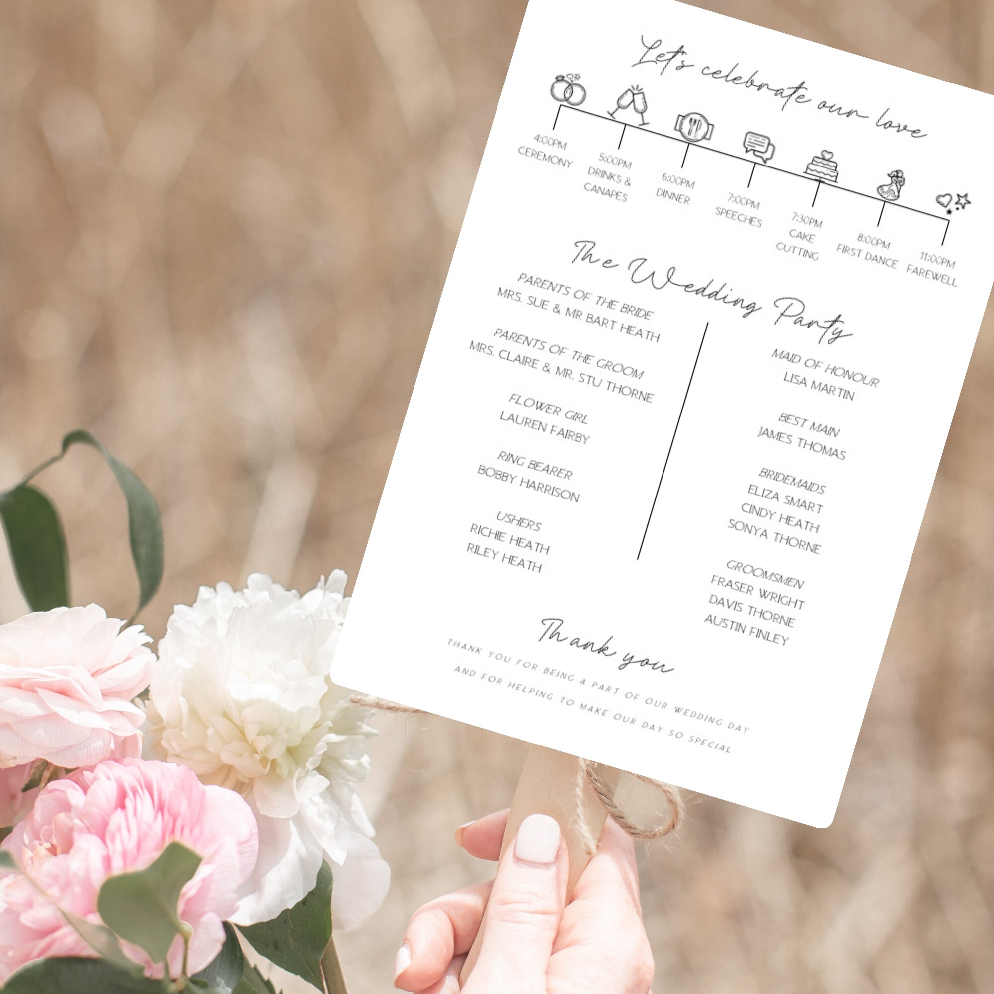 Infographic Wedding Program, Event Ceremony Card, Foldable Fan Church ...