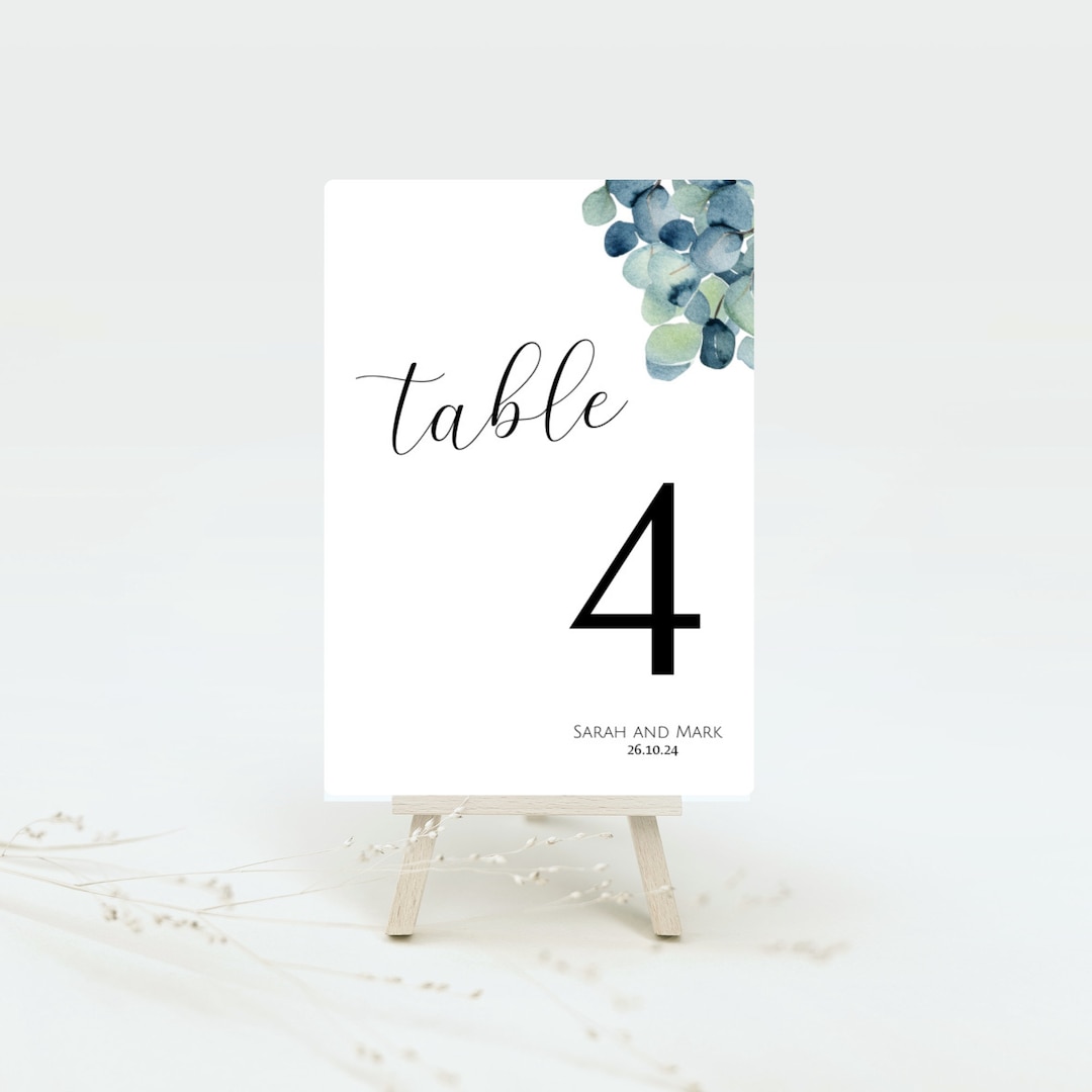 Blue Green Eucalyptus Greenery Wedding Table Number Sign Template ...