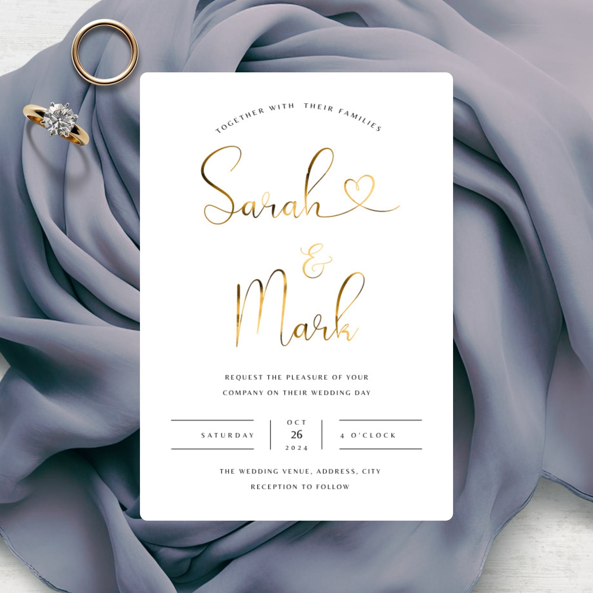 Minimalist Gold Font Wedding Invitation Template, Invite Details Card ...