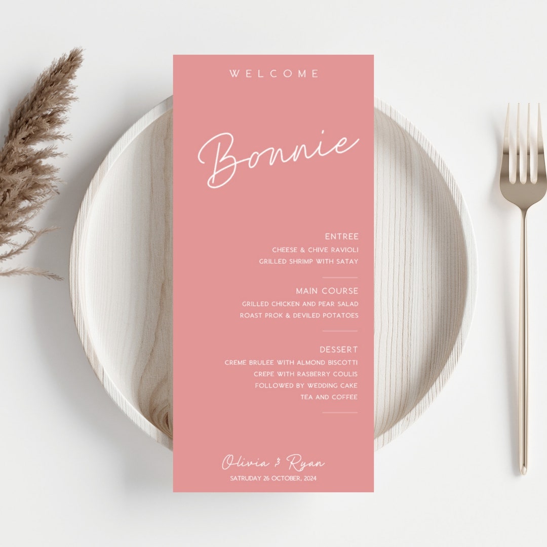 DIY Table Menu Card Template, Blush Pink and White Wedding Menu With ...