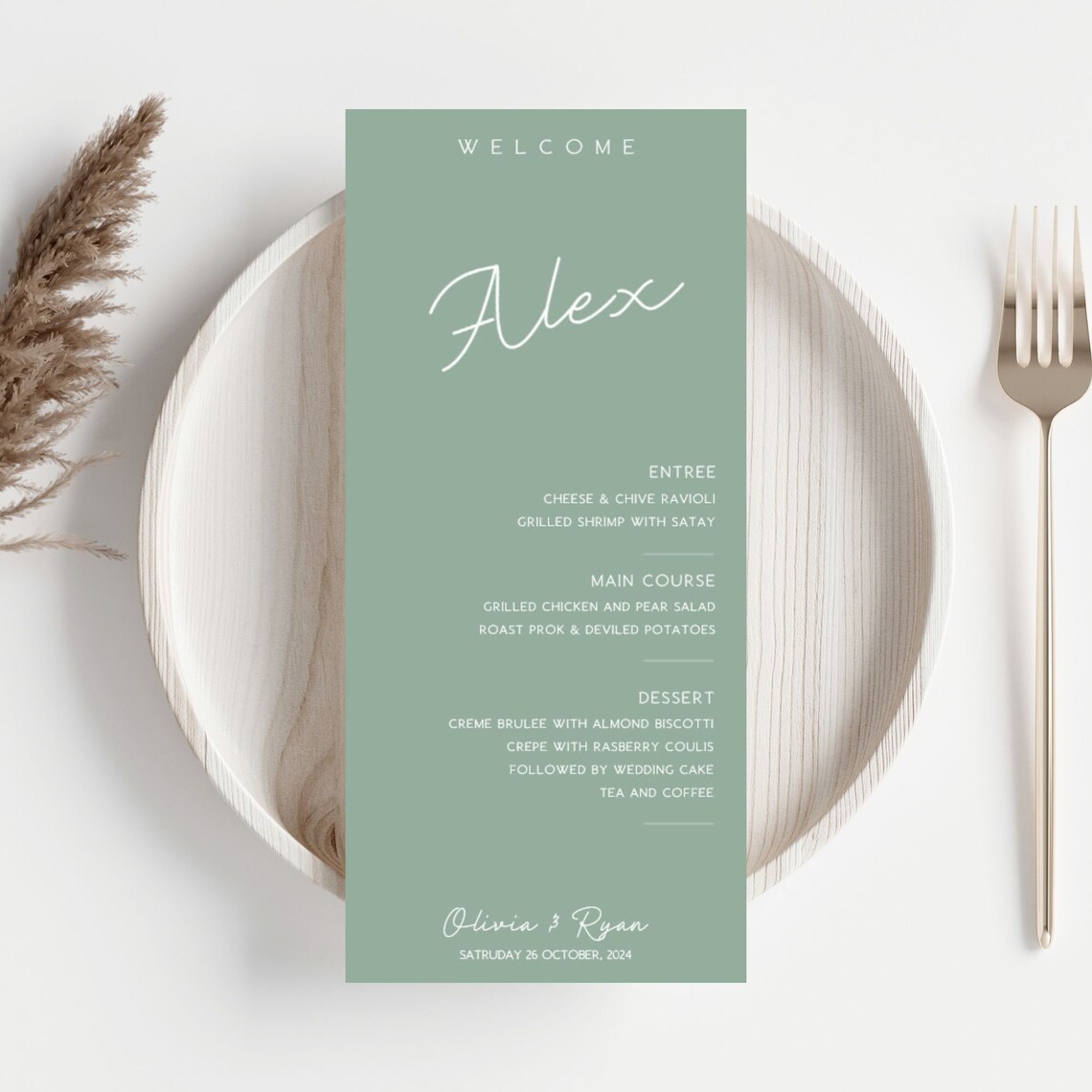 Table Menu Card Template, Sage Green and White Wedding Menu With Name ...