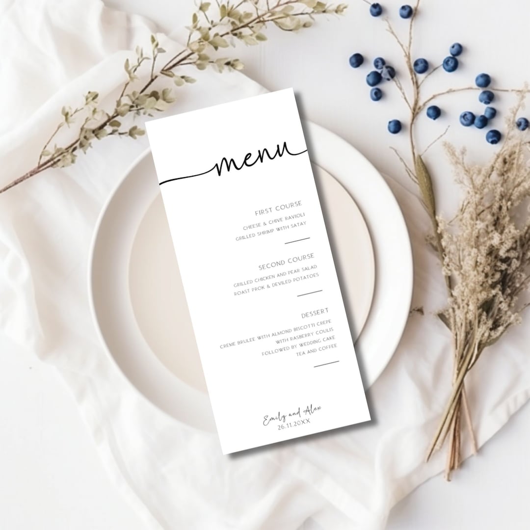 Modern Wedding Menu Card Template: Minimalist Table Decor (instant ...