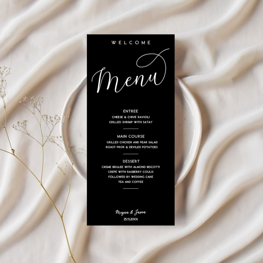 Modern Black Wedding Dinner Menu Template, Modern Black Wedding Menu ...