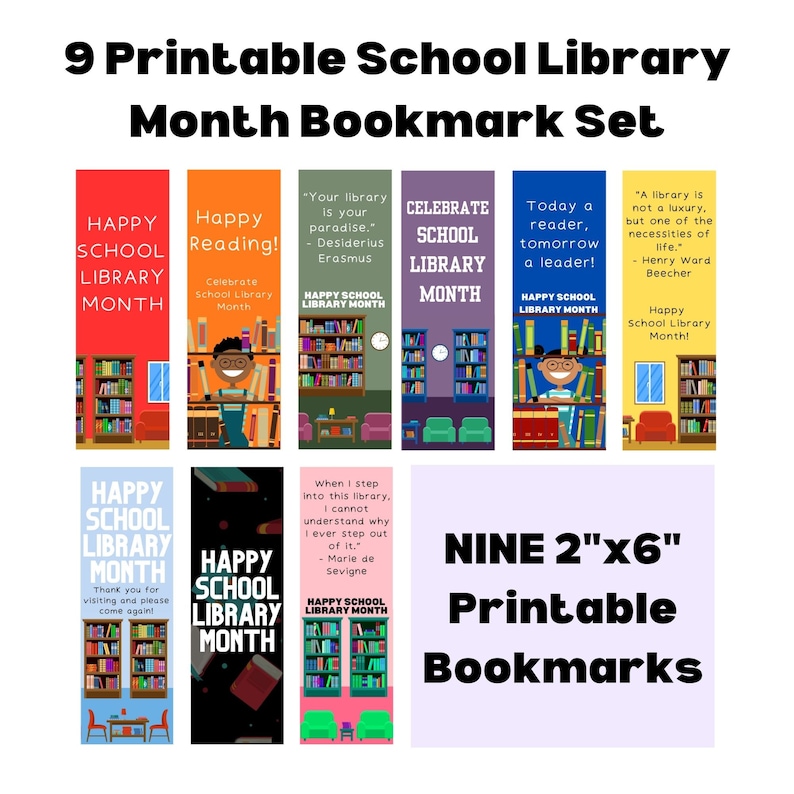 PRINTABLE School Library Month Bookmarks | Library Appreciation Gift ...