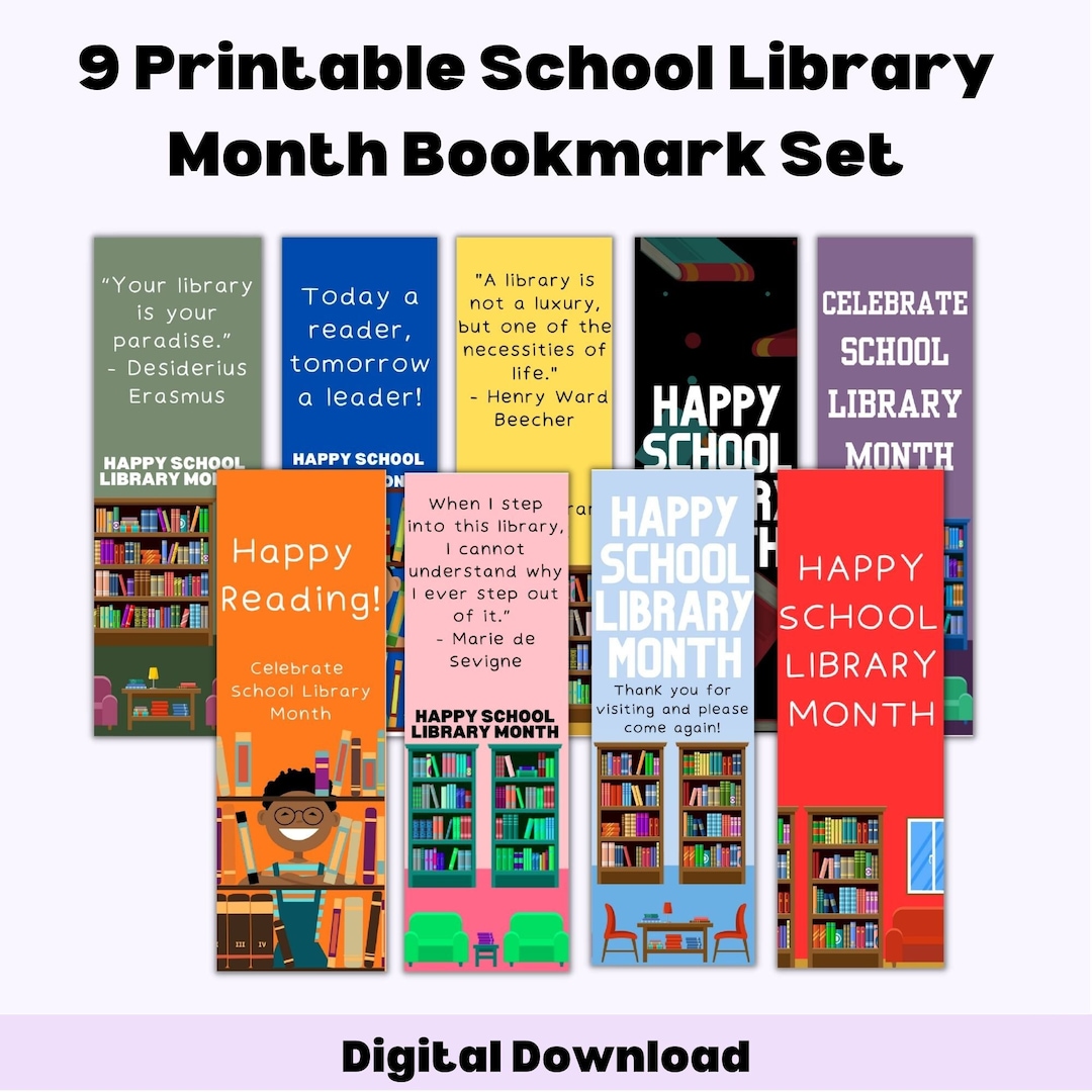 PRINTABLE School Library Month Bookmarks | Library Appreciation Gift ...