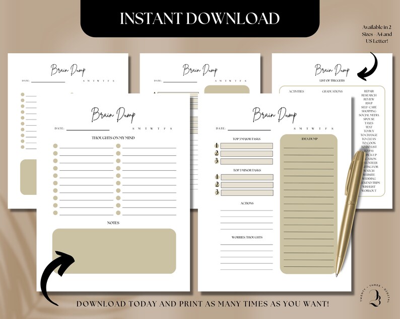 Brain Dump Printable Bundle, Printable Brain Dump Planner, ADHD Brain ...