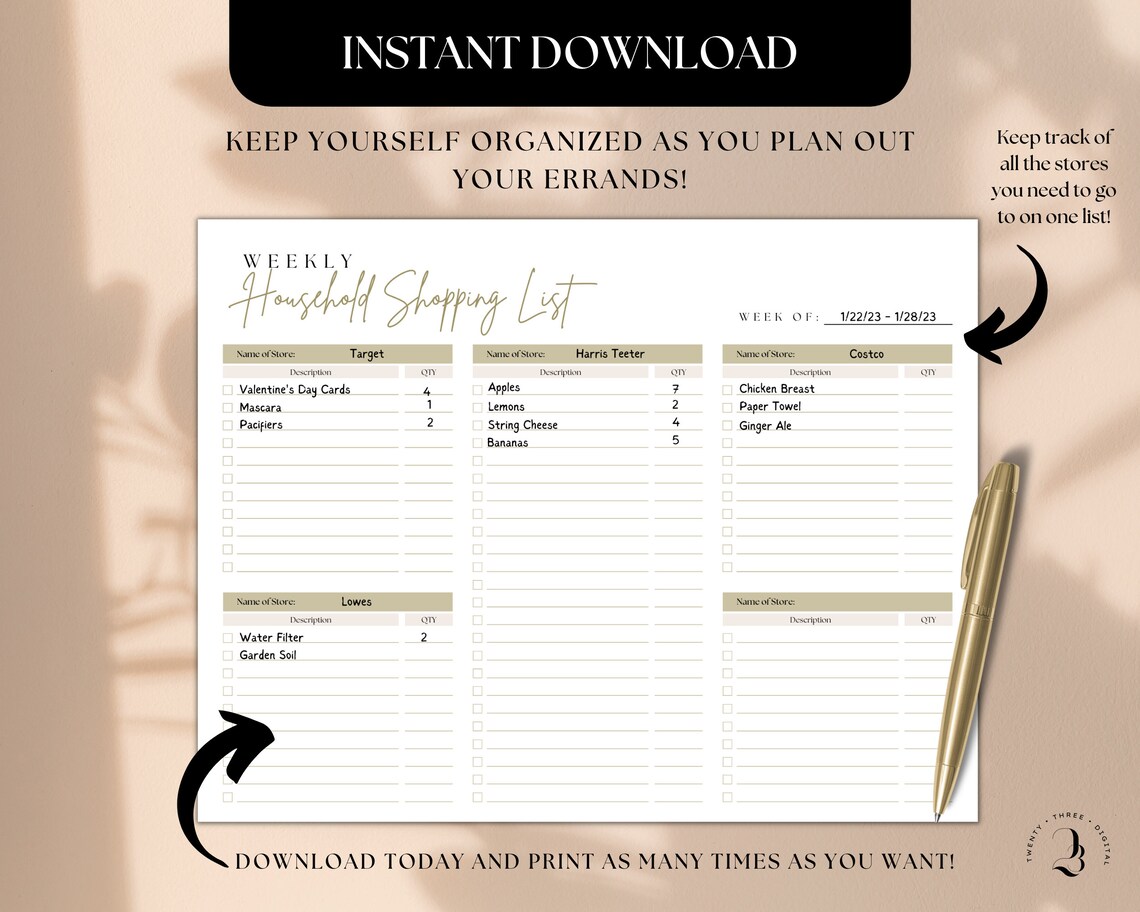 Household Shopping List, Grocery List Printable, Multi Store Shopping ...