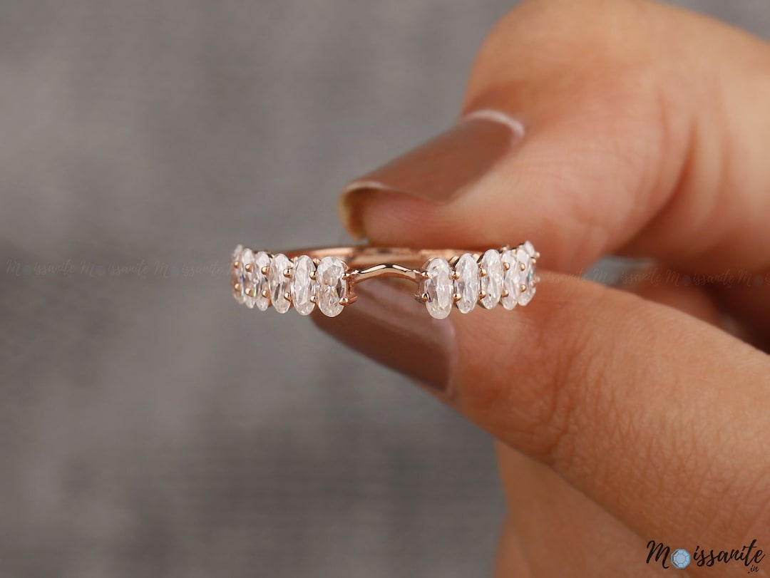 Unique Moissanite Notched Wedding Band Women 4x2mm Oval Cut Half ...