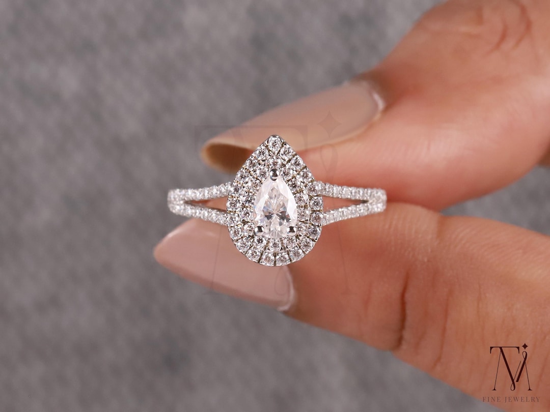 Split Shank Pear Engagement Ring, Double Halo Pear Cut Moissanite Ring ...