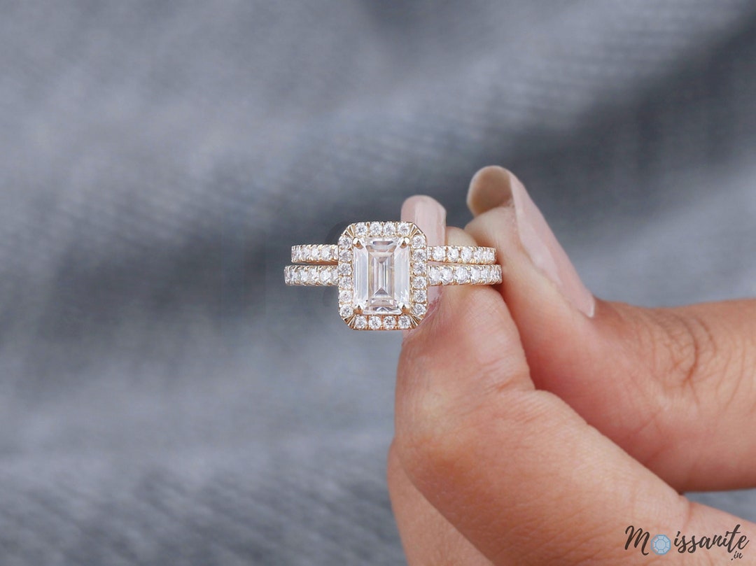 Emerald Cut Halo Diamond With Open Pave Matching Bridal Set Ring ...