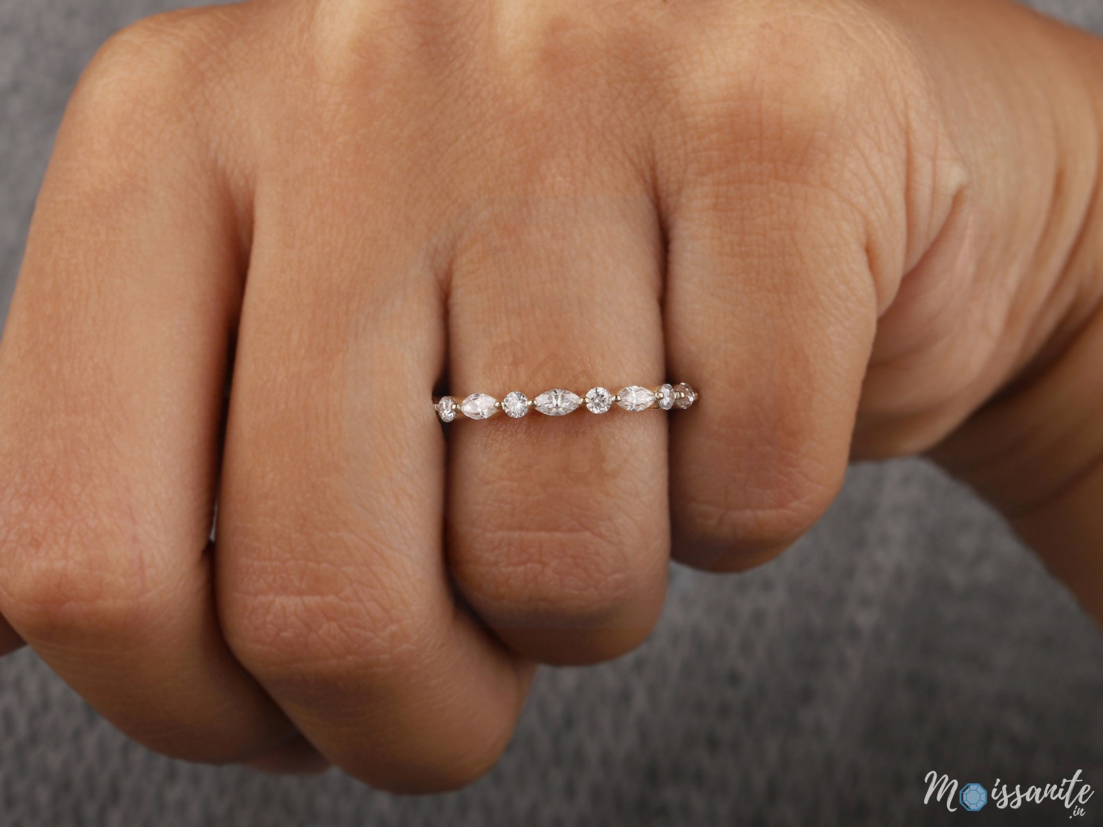 Moissanite Marquise & Round Alternate Stacking Solid 14K Yellow Gold Wedding Matching Band ...