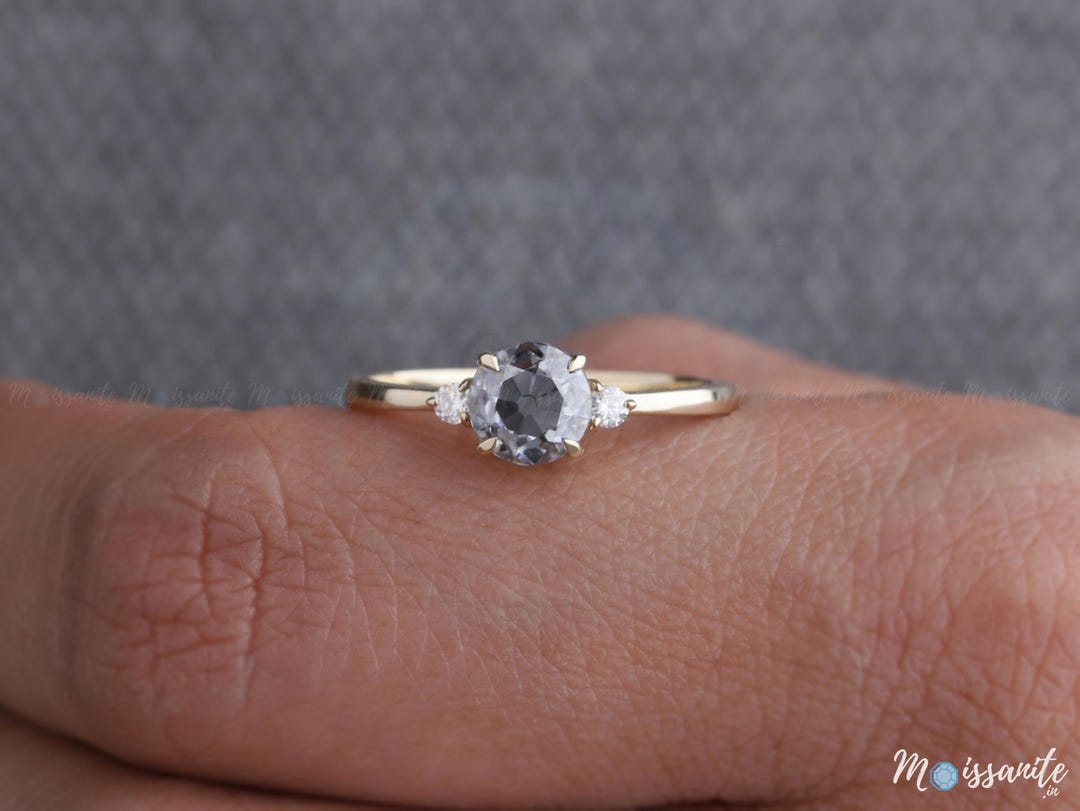 Round Old Mine Grey Moissanite Engagement Ring, Three Stone Moissnite ...