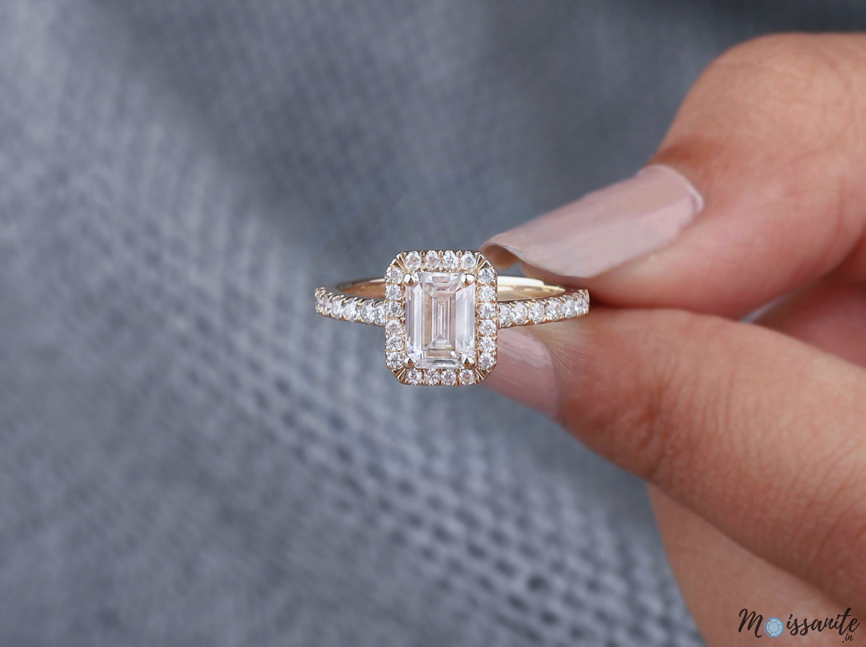 Unique Halo Setting Emerald Cut Ring, Moissanite Engagement Ring, Half ...