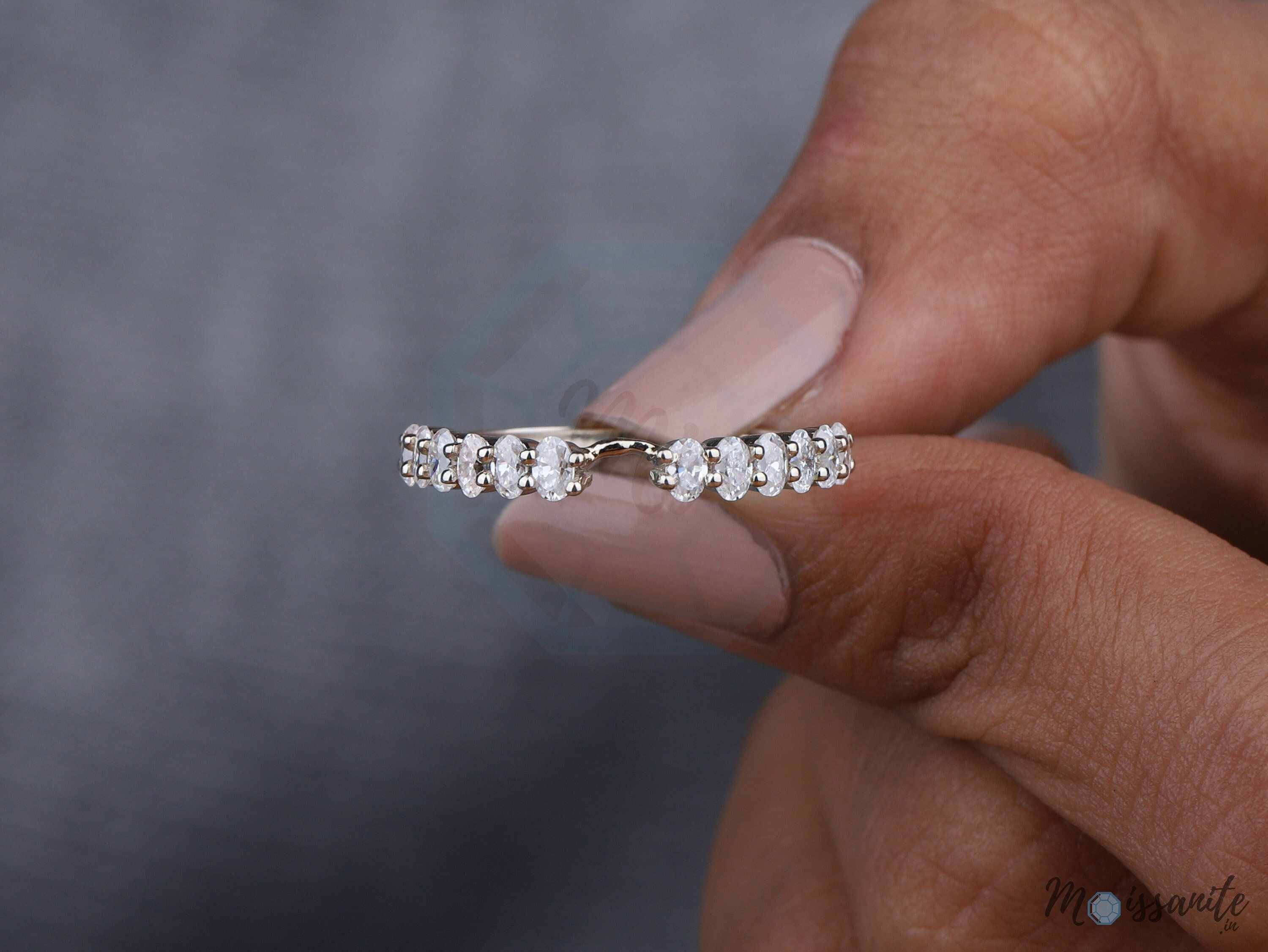 Unique Moissanite Notched Wedding Band Women Oval Cut Half - Etsy