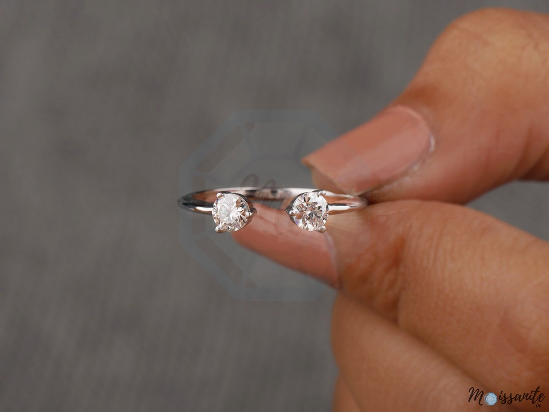 14K White Gold Open Cuff Moissanite Dual Two Round Wedding Open Gap ...