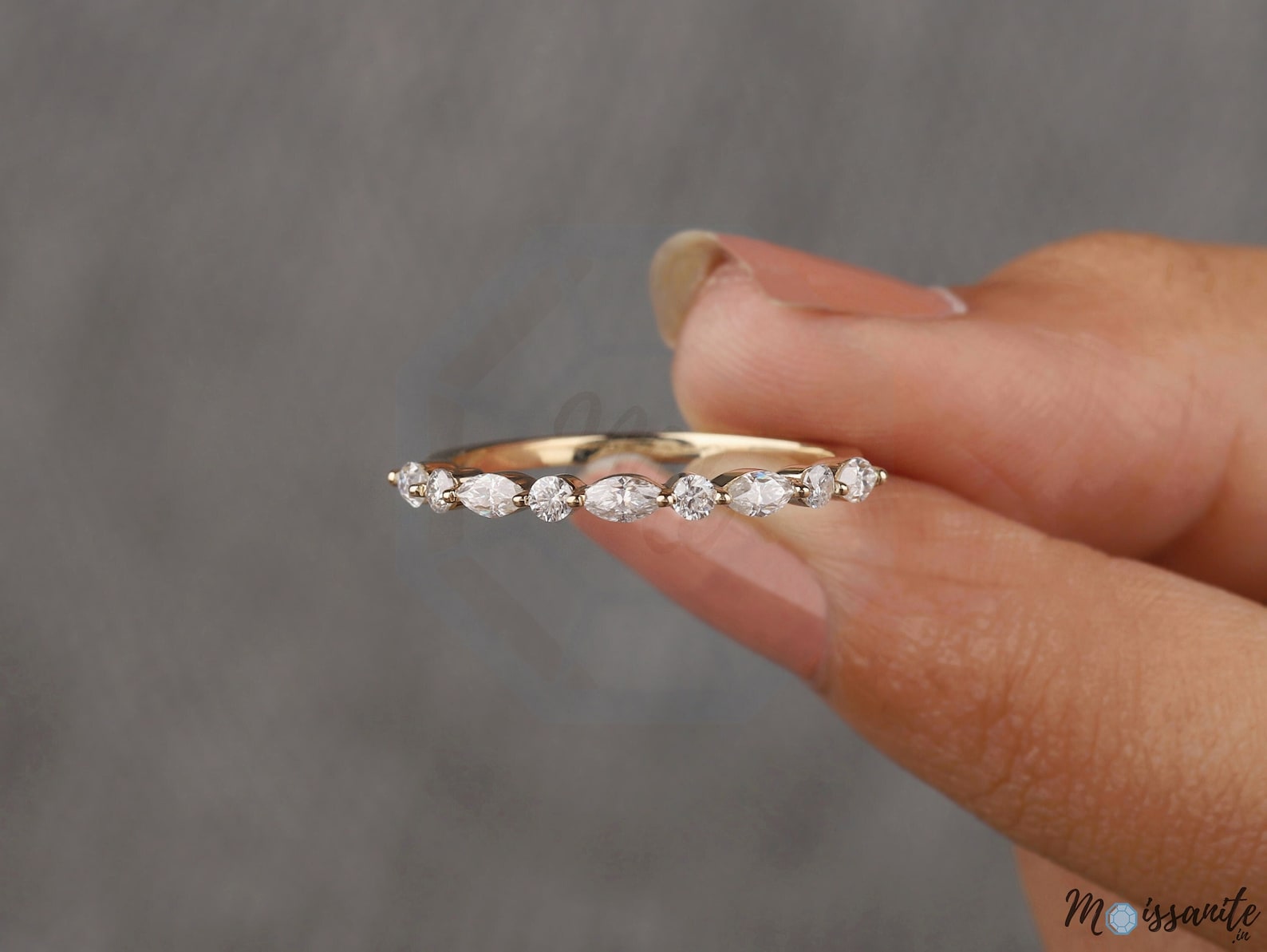 Moissanite Marquise & Round Alternate Stacking Solid 14K Yellow Gold Wedding Matching Band ...