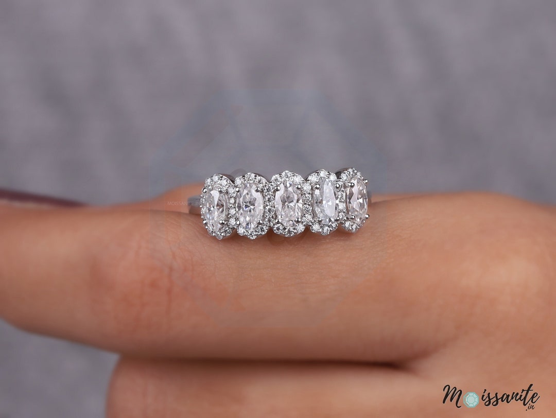 Oval Cut Moissanite 14K White Gold Wedding Band Five Stone Half ...