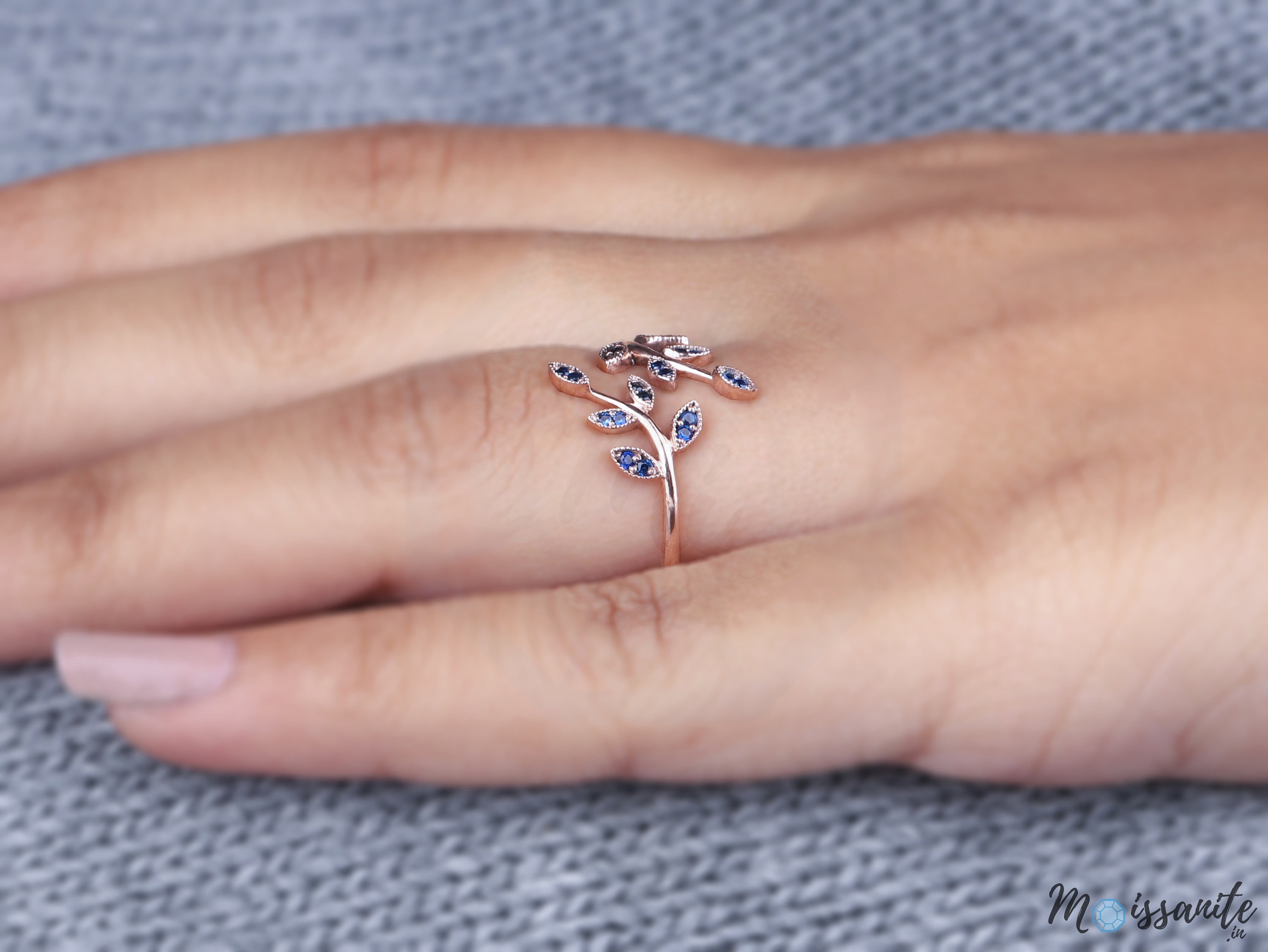 Blue Sapphire Leaf Band Ring Nature Inspired Blue Sapphire Band Wedding ...