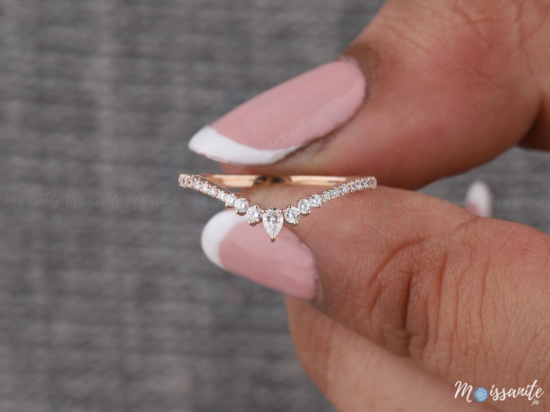 Pear Stacking Band, V Shaped Chevron Wedding Band, Pear and Round Lab ...