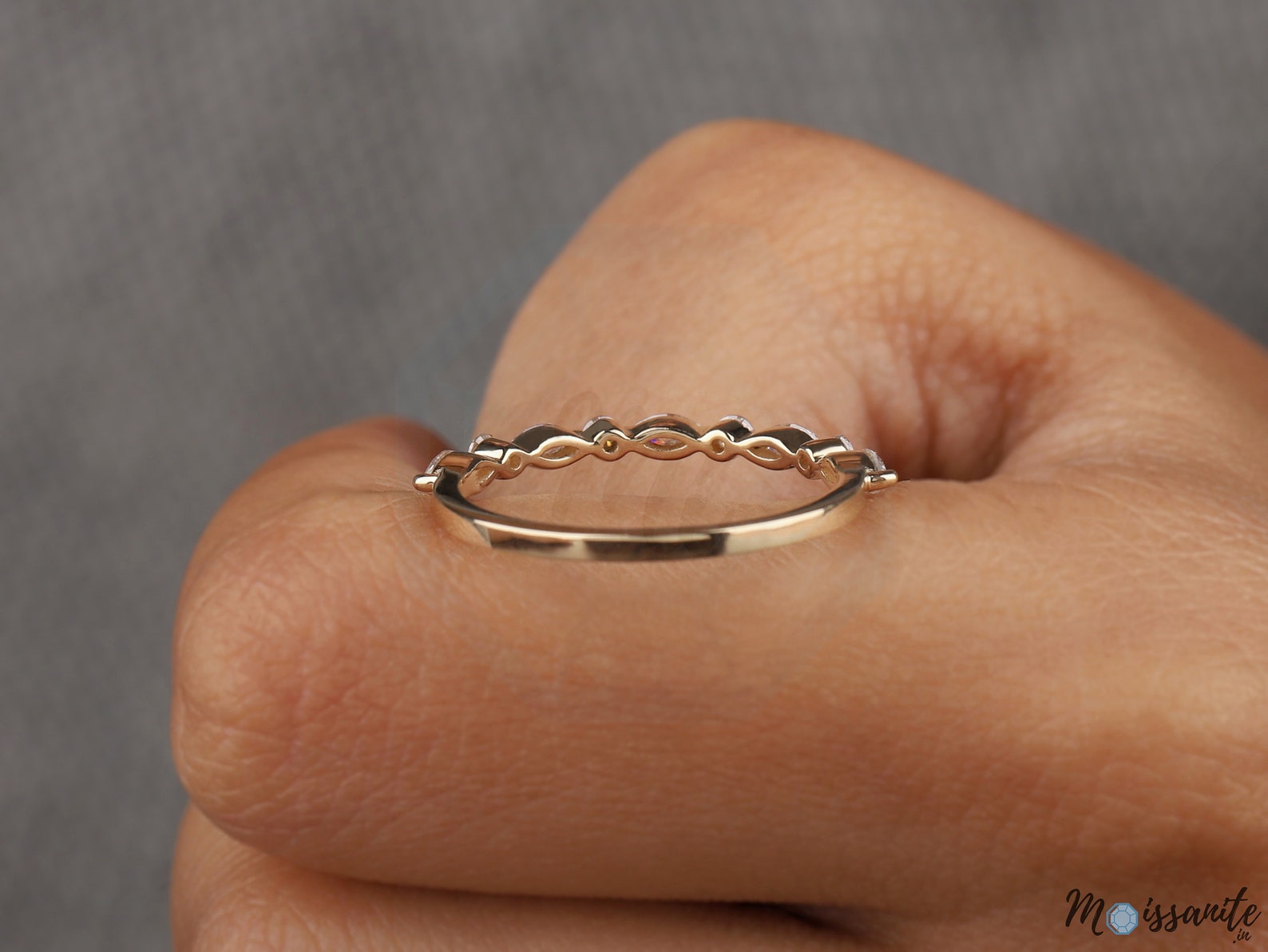 Moissanite Marquise & Round Alternate Stacking Solid 14K Yellow Gold Wedding Matching Band ...