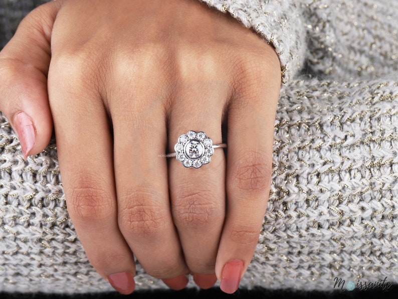 14K Solid Gold Ring Low Profile Engagement Floral Cluster Moissanite ...