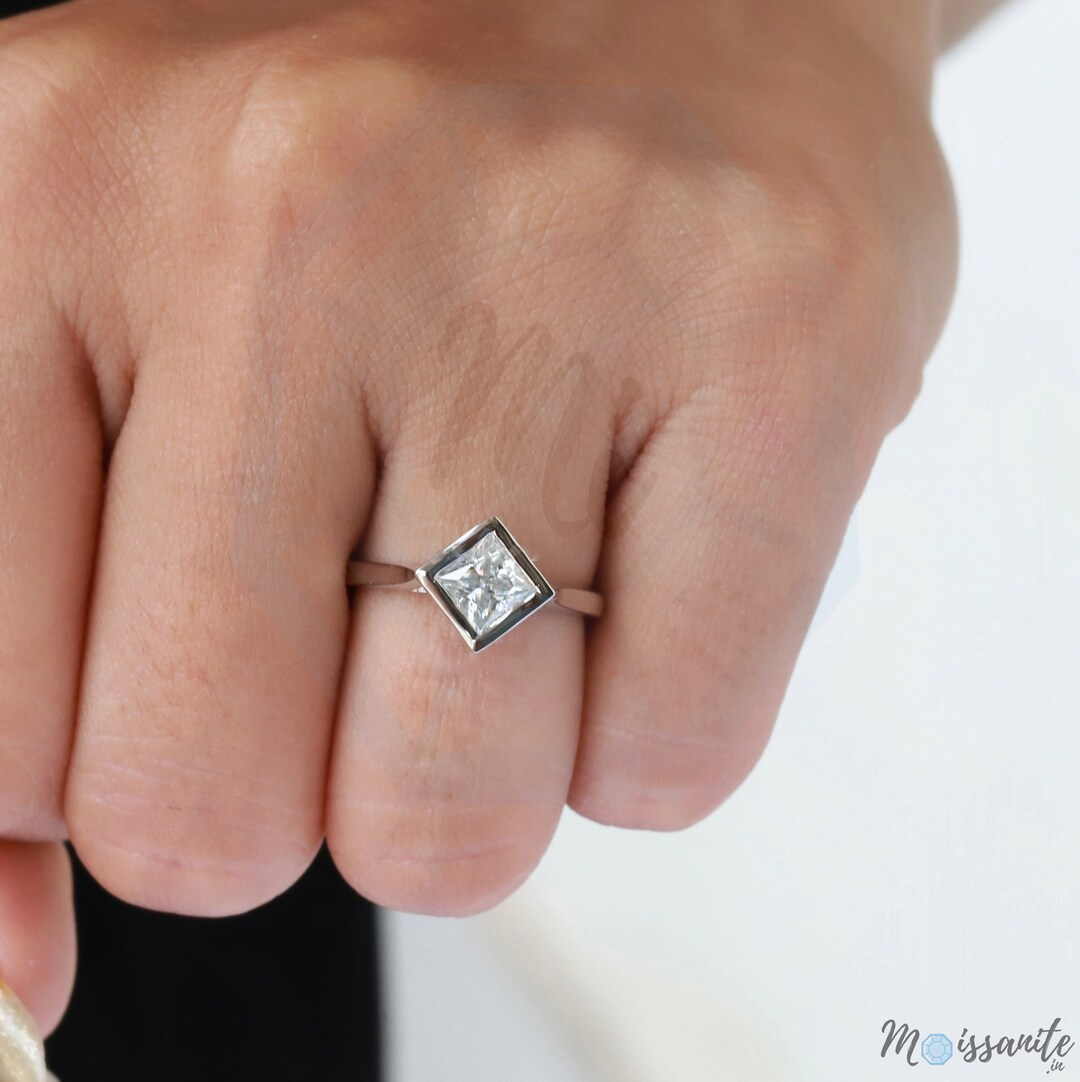 1.00CT Bezel Set Princess Cut Ring Diagonal Square Ring 10K/14K White ...