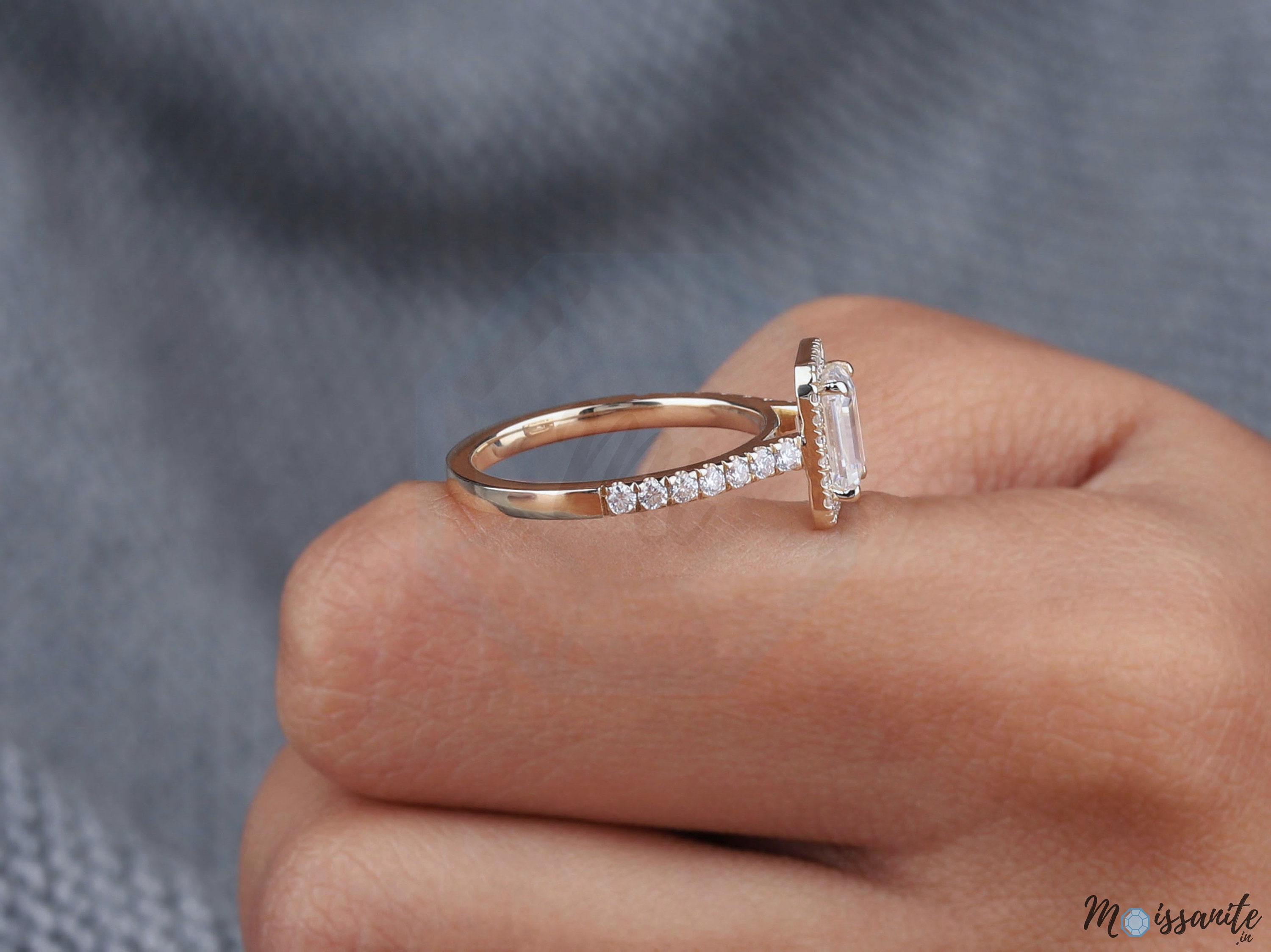 Unique Halo Setting Emerald Cut Ring, Moissanite Engagement Ring, Half ...
