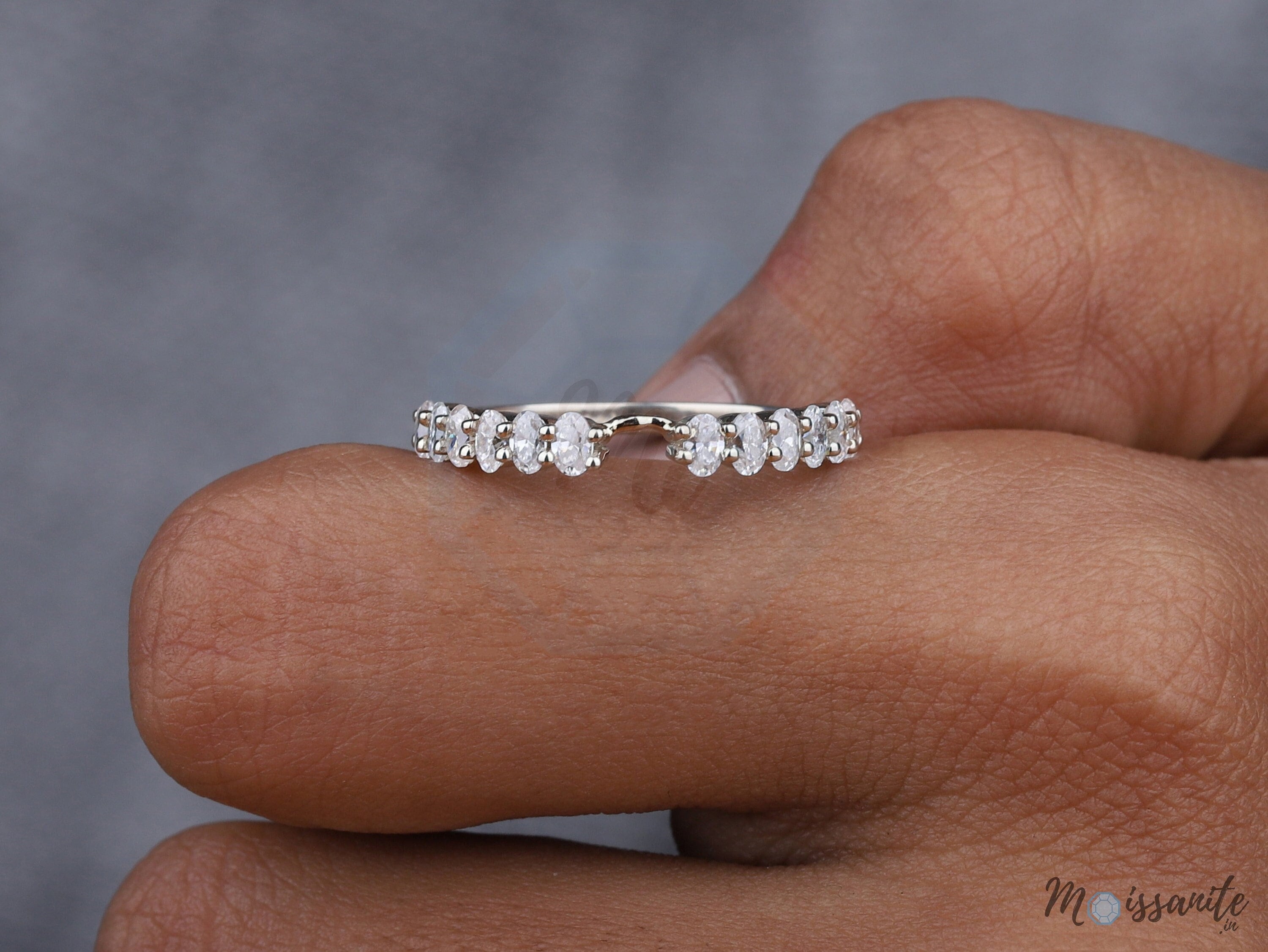 Unique Moissanite Notched Wedding Band Women Oval Cut Half - Etsy