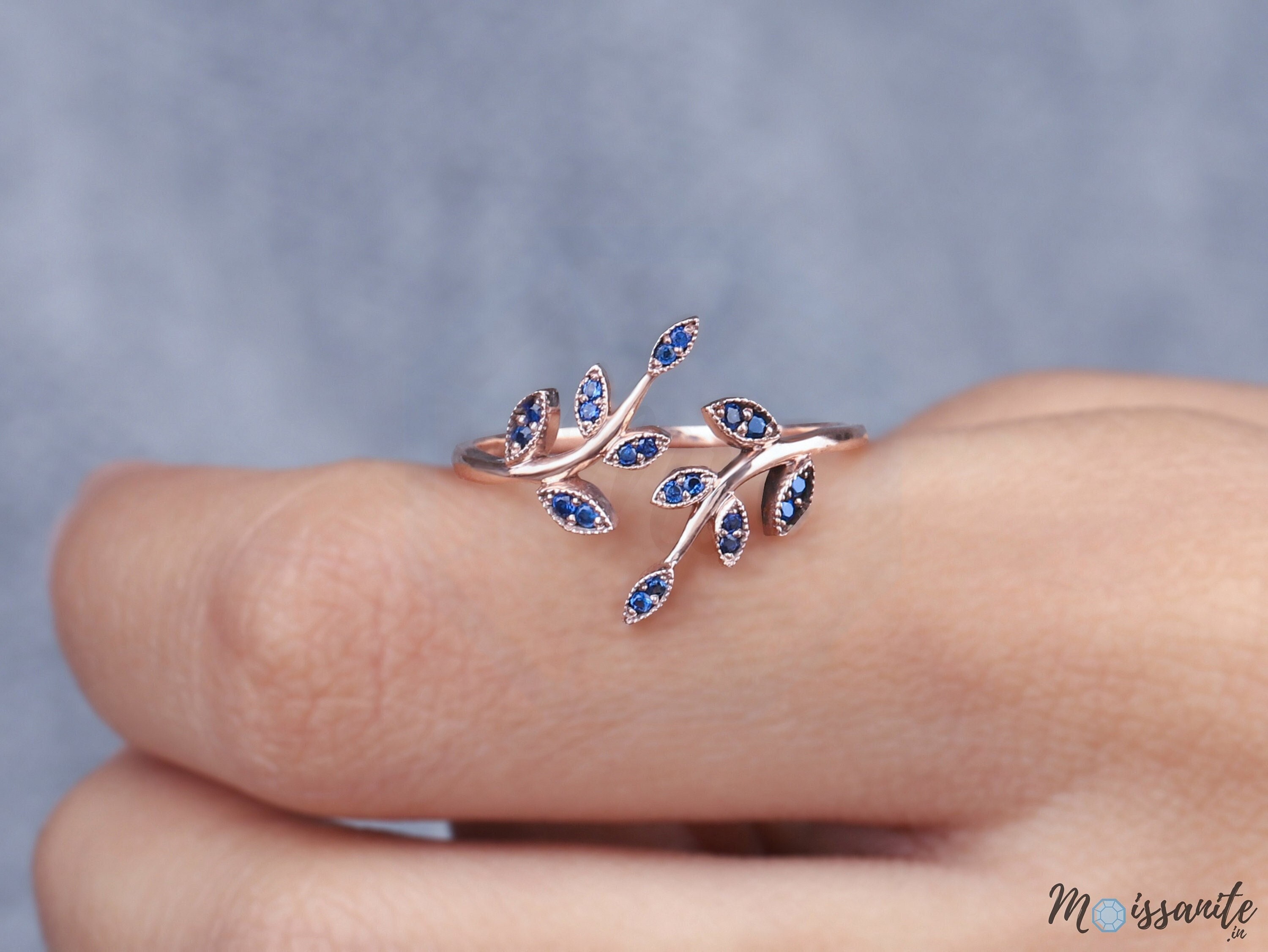 Blue Sapphire Leaf Band Ring Nature Inspired Blue Sapphire Band Wedding ...