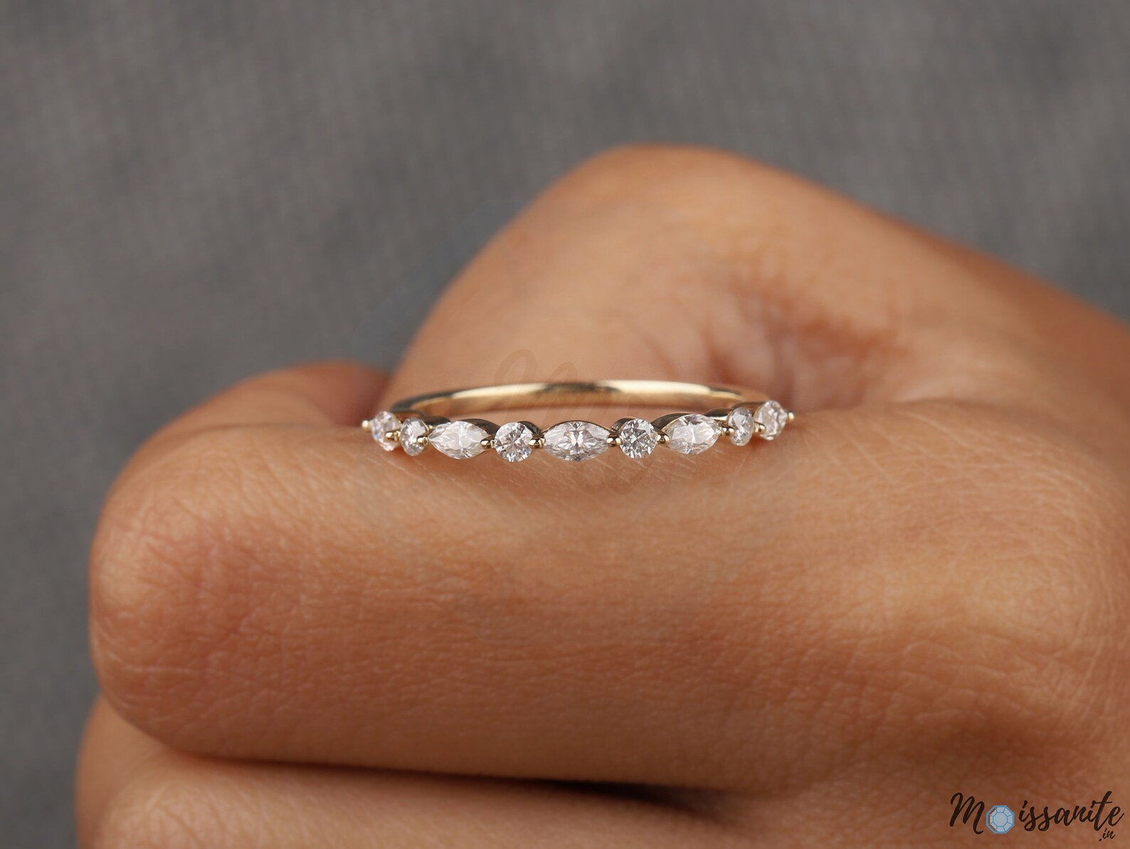 Moissanite Marquise & Round Alternate Stacking Solid 14K Yellow Gold Wedding Matching Band ...