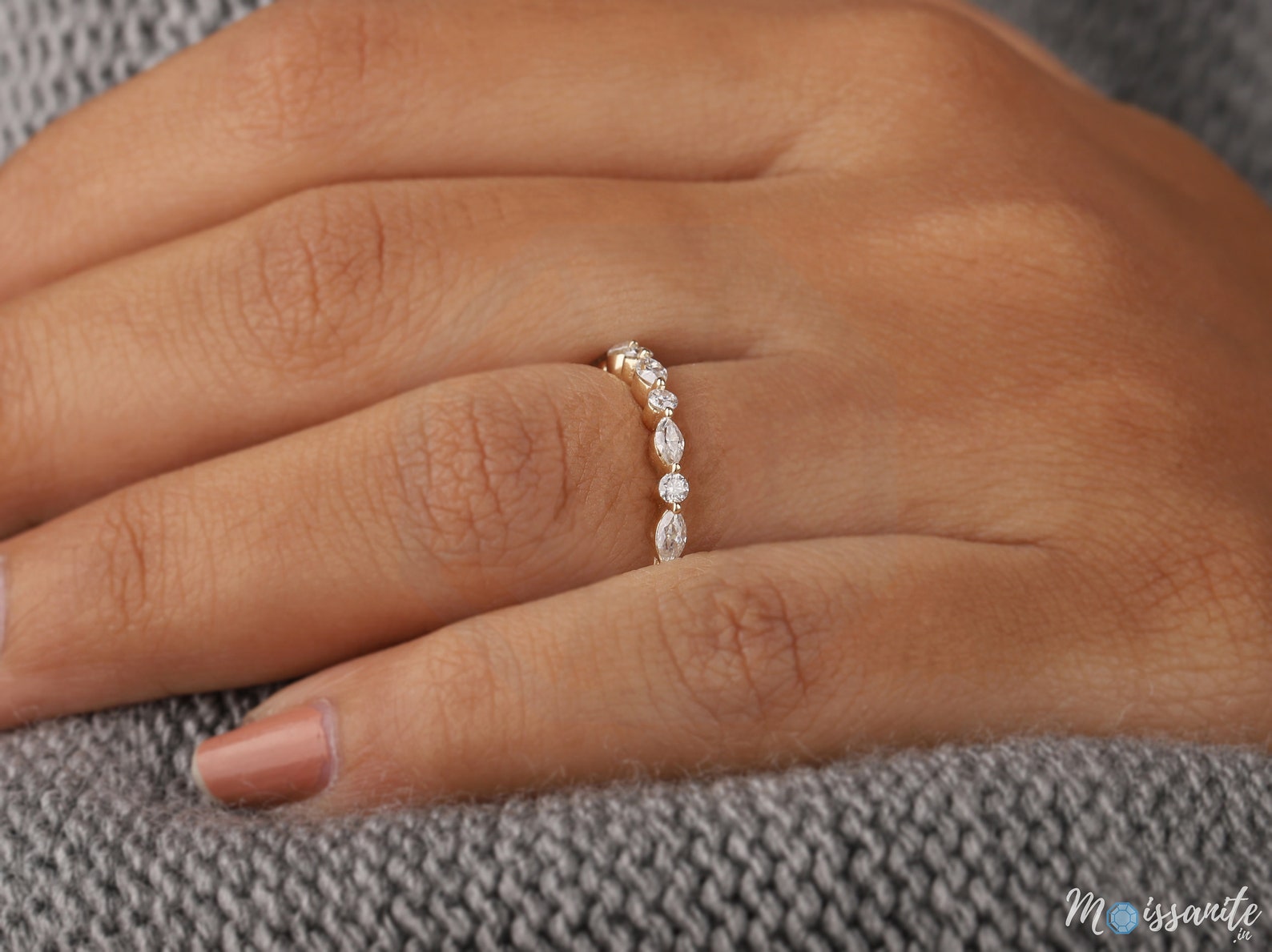 Moissanite Marquise & Round Alternate Stacking Solid 14K Yellow Gold Wedding Matching Band ...