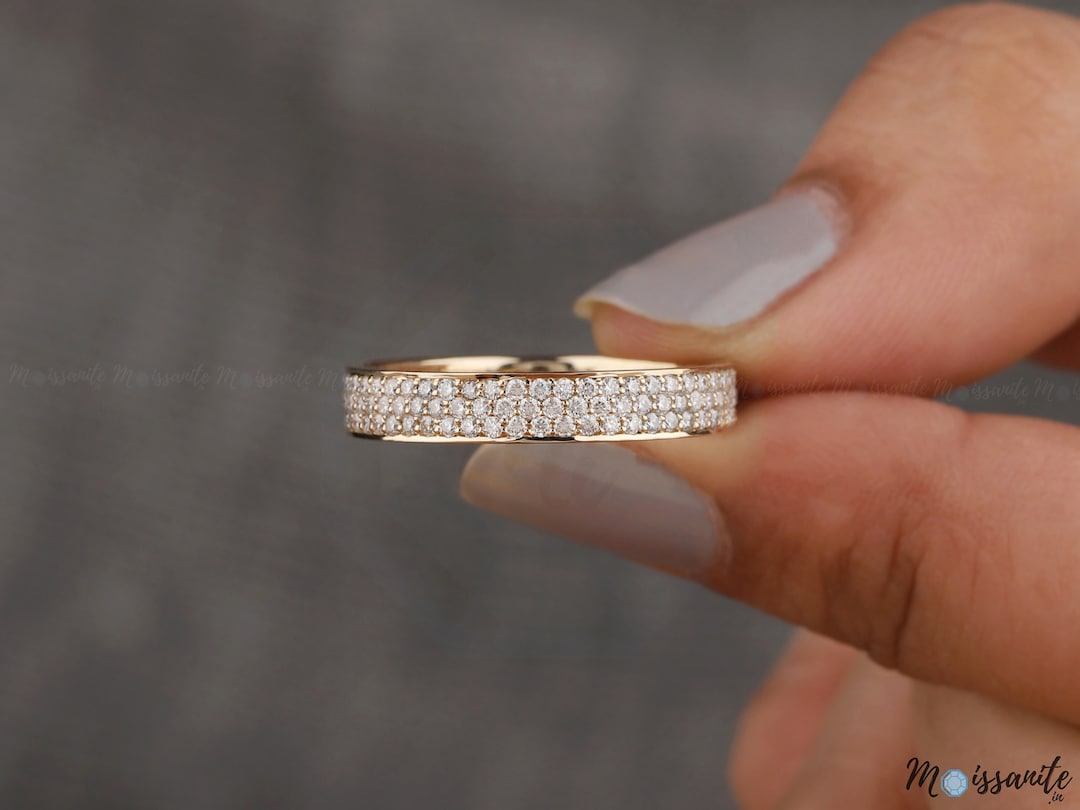 3 Row Micro Pave Set Round Moissanite Band Yellow Gold 3/4 Eternity ...