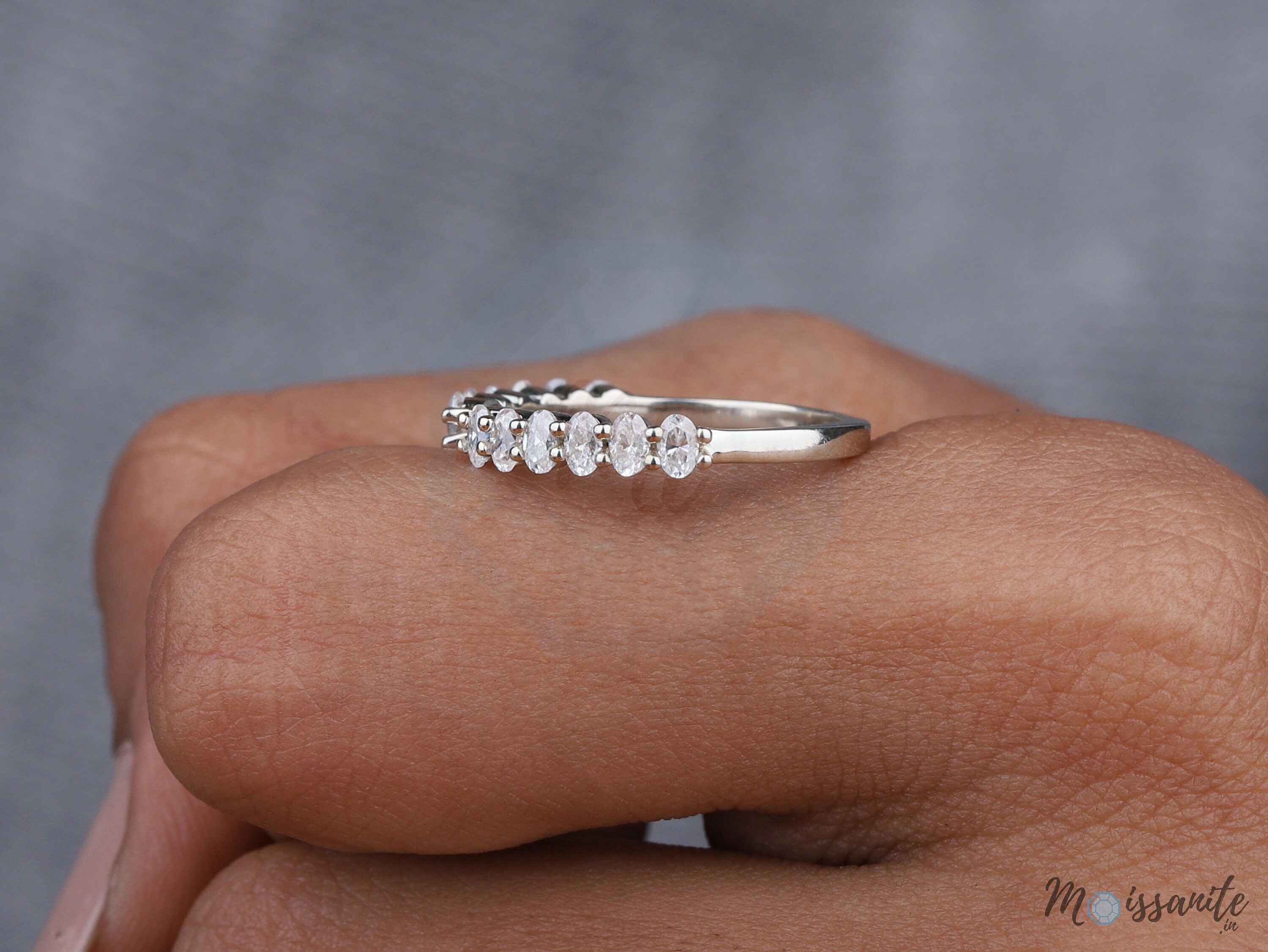Unique Moissanite Notched Wedding Band Women Oval Cut Half - Etsy