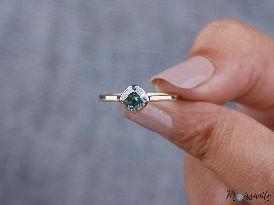 5.00MM Cyan Blue Cushion Cut Bezel Set Solitaire Engagement Ring 10K ...