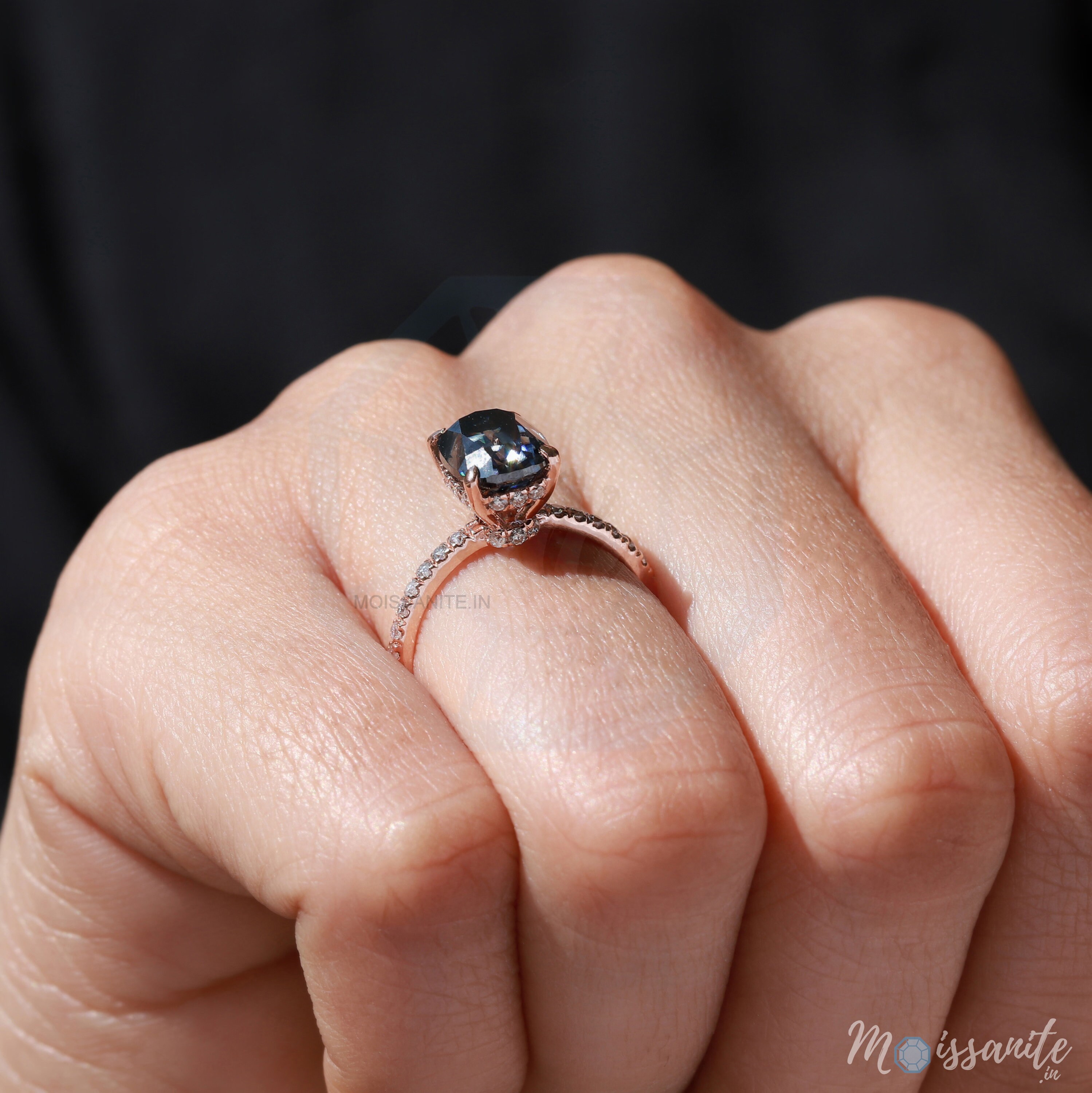 Dark Grey Old Mine Elongated Cushion Moissanite Ring, Hidden Halo Ring ...