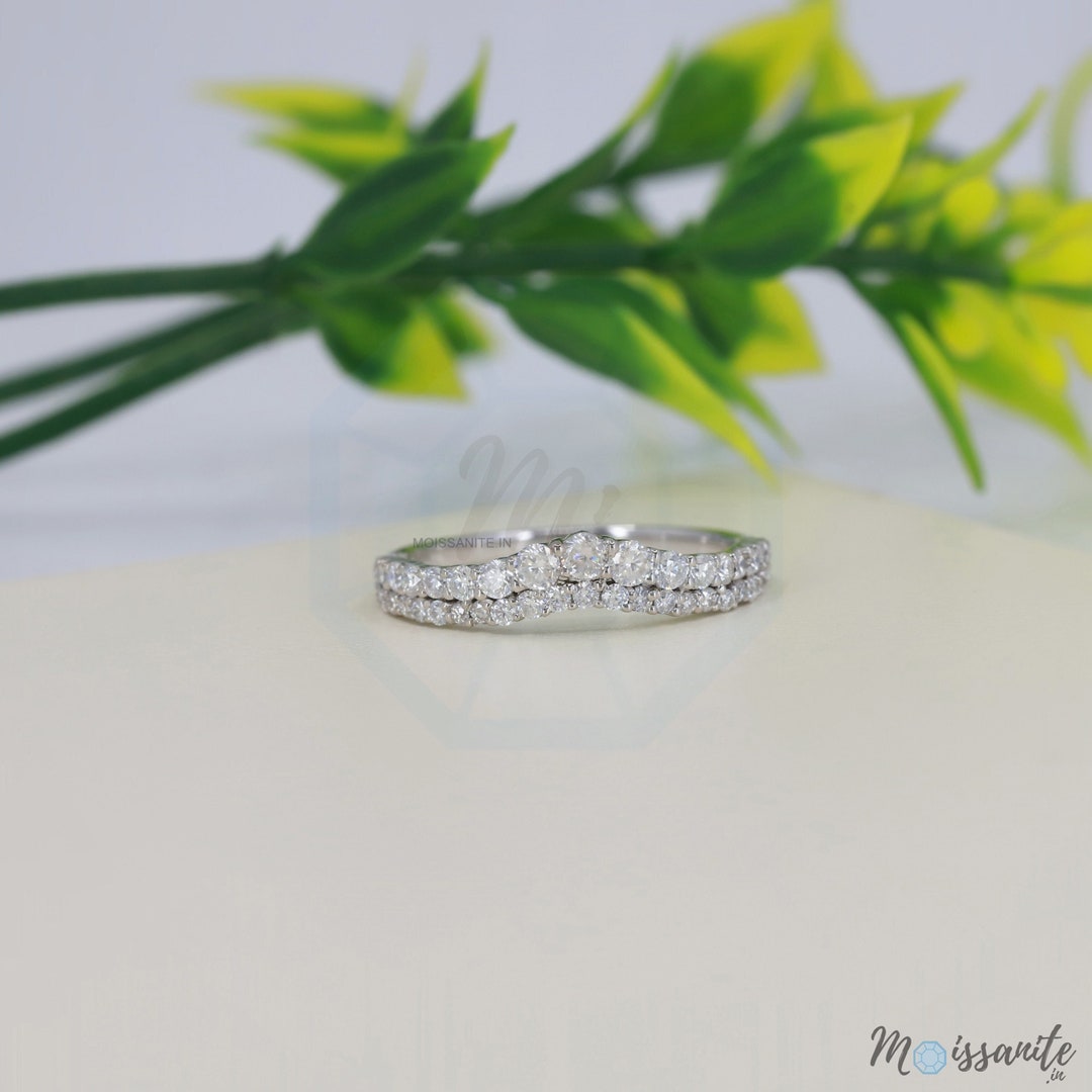 V Shaped Double Chevron Ring, Round Moissanite Chevron Band, Curved ...