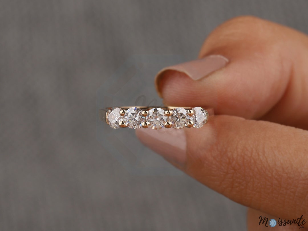 Five Stone 3.5mm Round Cut Wedding Band Shared Prong 14k Solid Yellow ...