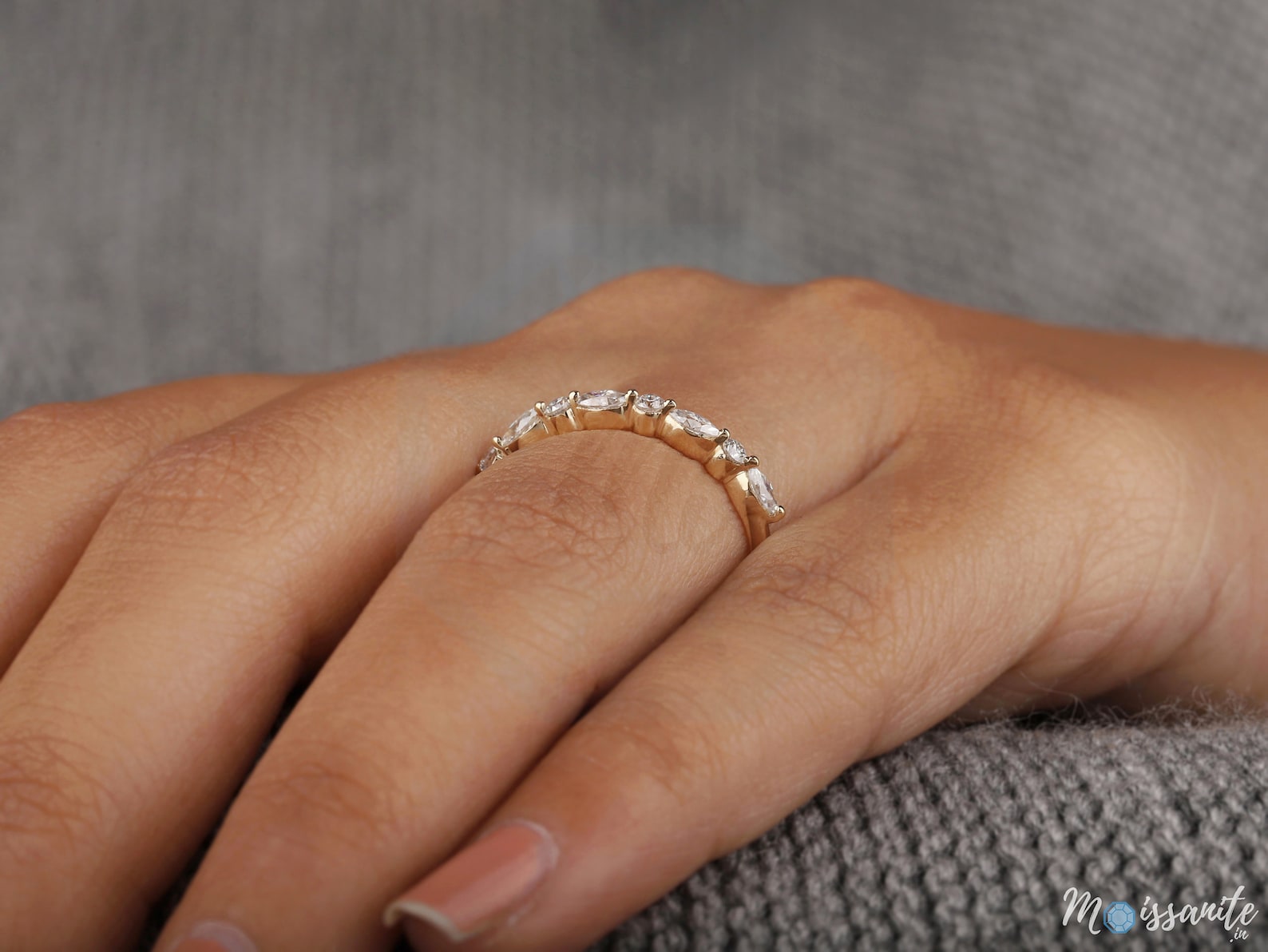 Moissanite Marquise & Round Alternate Stacking Solid 14K Yellow Gold Wedding Matching Band ...