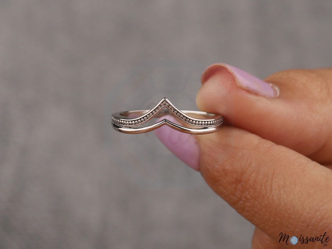 950 Platinum Double Chevron Beaded V-shaped Wedding Matching Ring for ...